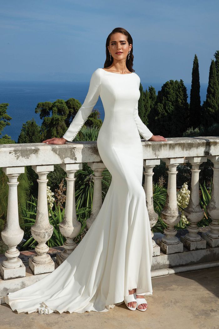 Style 88133: Clean Crepe Long Sleeve Fit and Flare gown | Justin Alexander