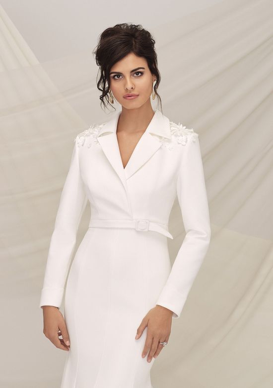 Style RIPLEY: Modern V-Neck Crepe Fit and Flare Gown with Moto Jacket ...