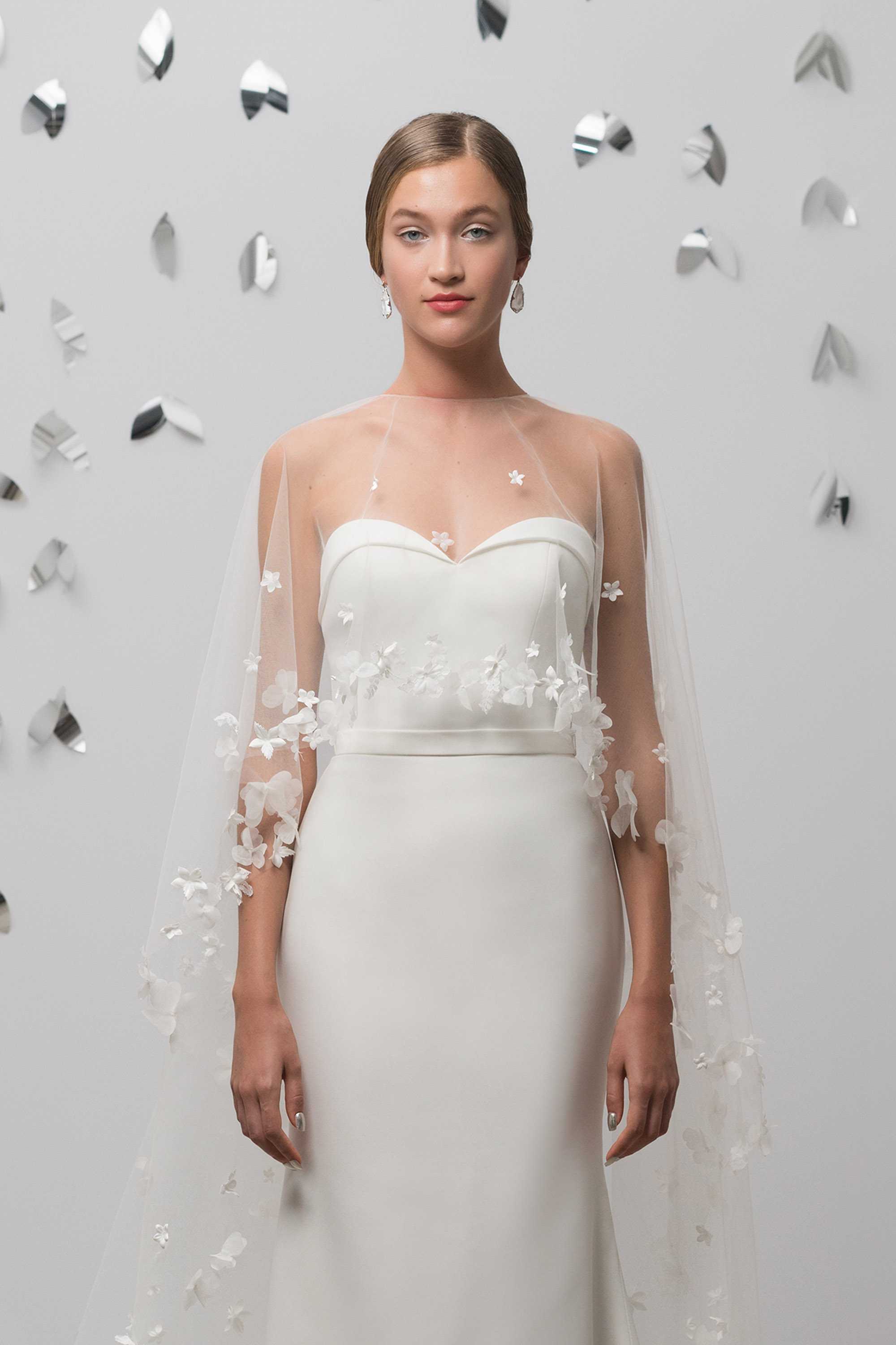 Style 99021C: Floral Trimmed High Neck Cape | Justin Alexander Signature