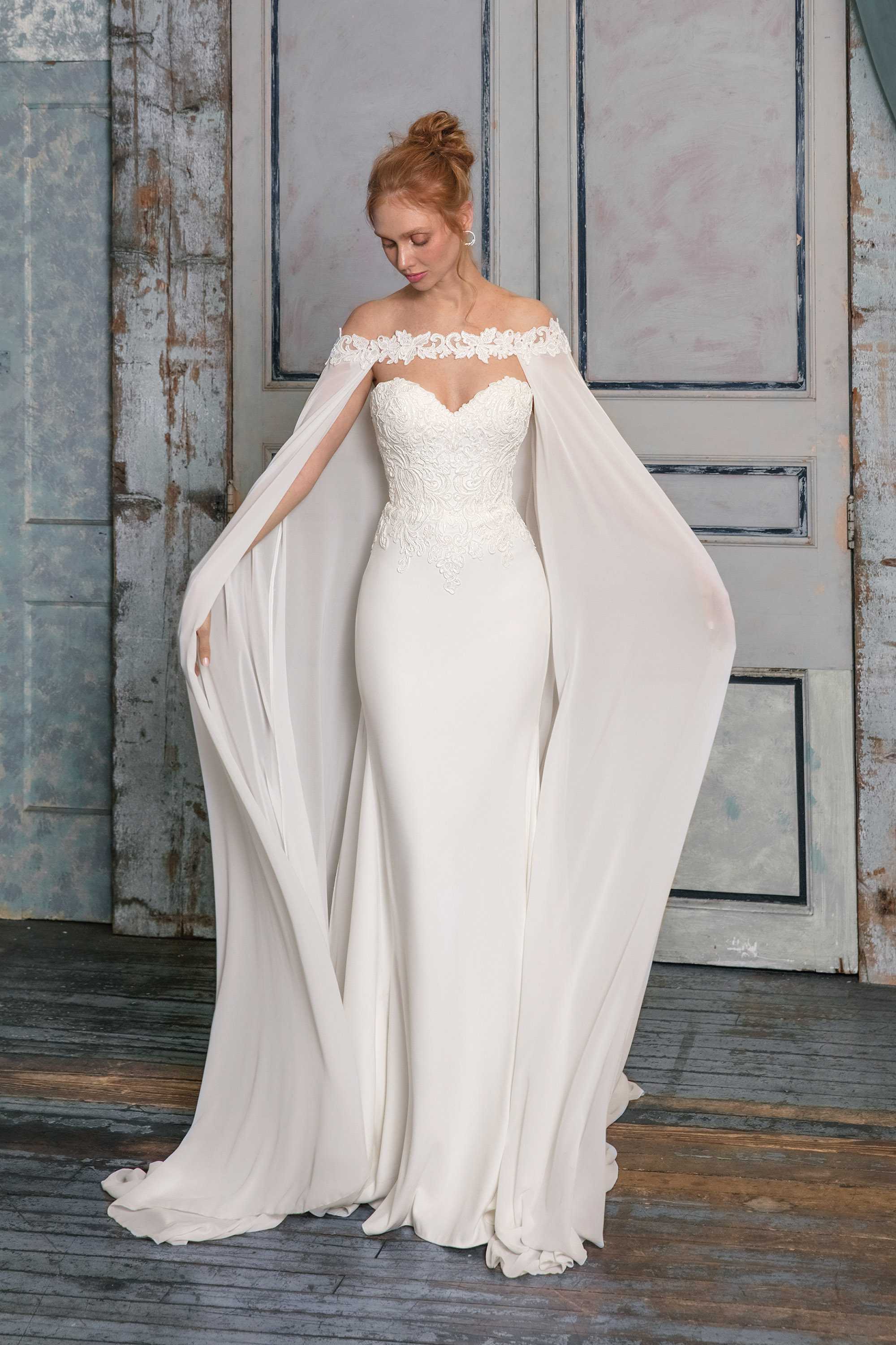 Style 99019: Crepe Fit and Flare Gown with Chiffon Cape | Justin ...