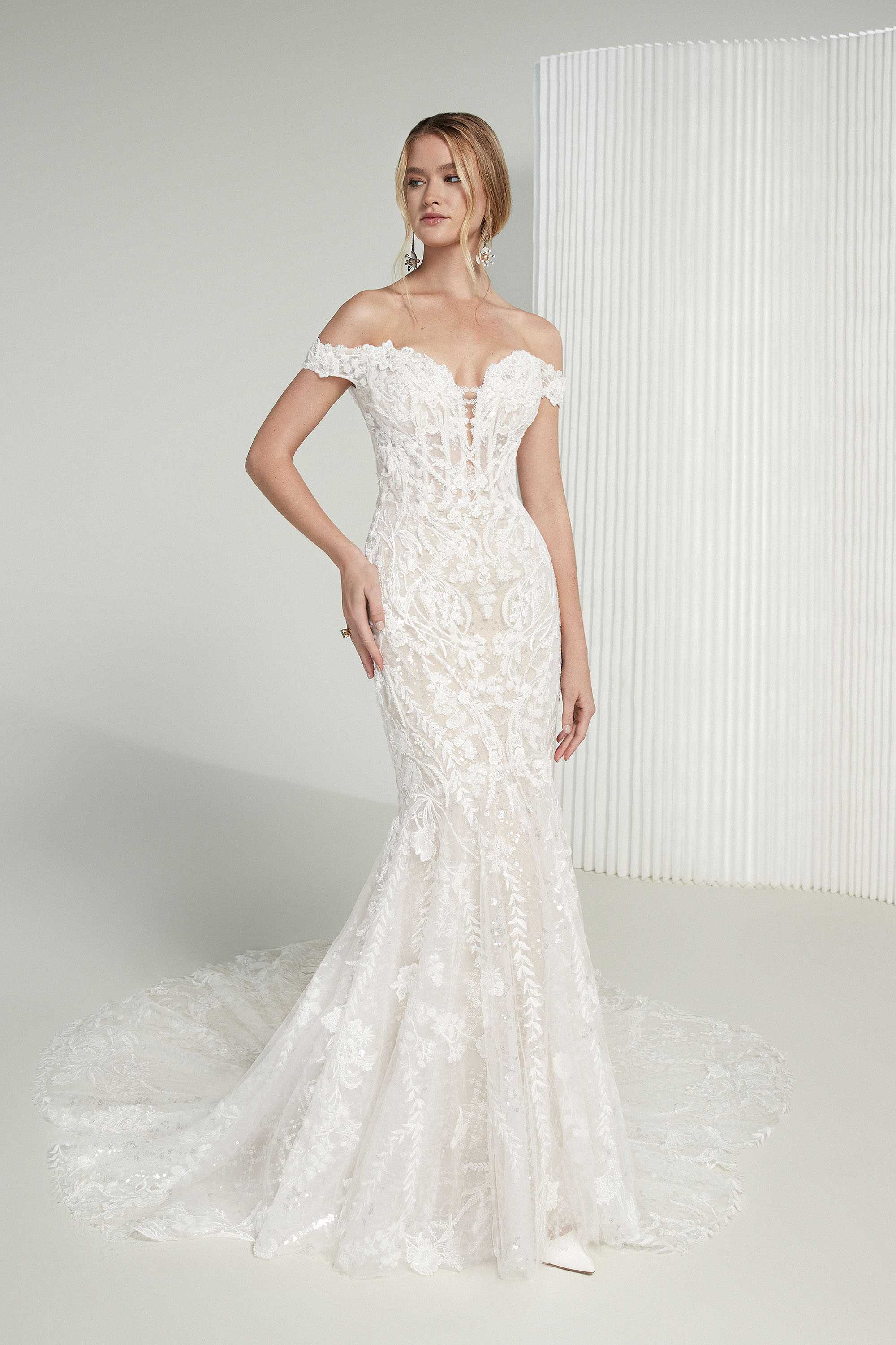Style INDIRA: Beaded and Sequined Off-the-Shoulder Gown with Petal ...