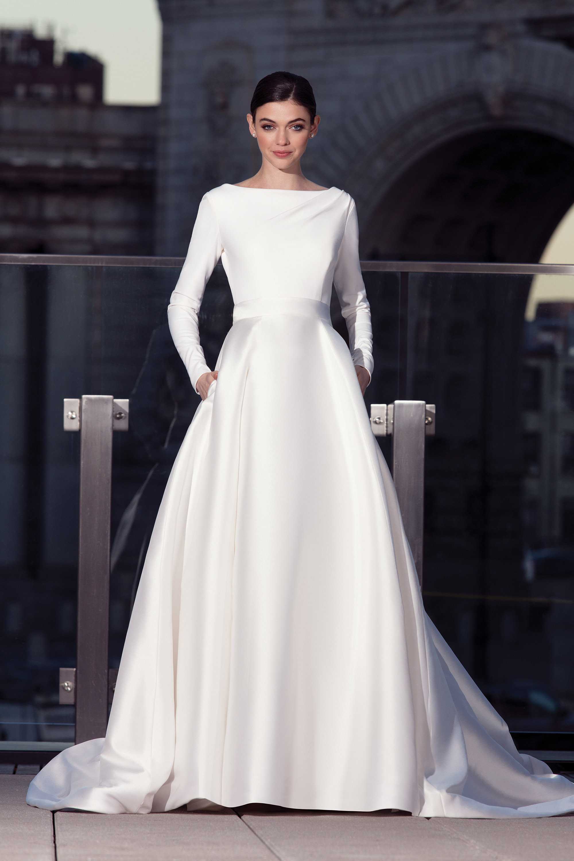 Style 99040: Long Sleeve A-Line Gown with Shoulder Pleats | Justin ...