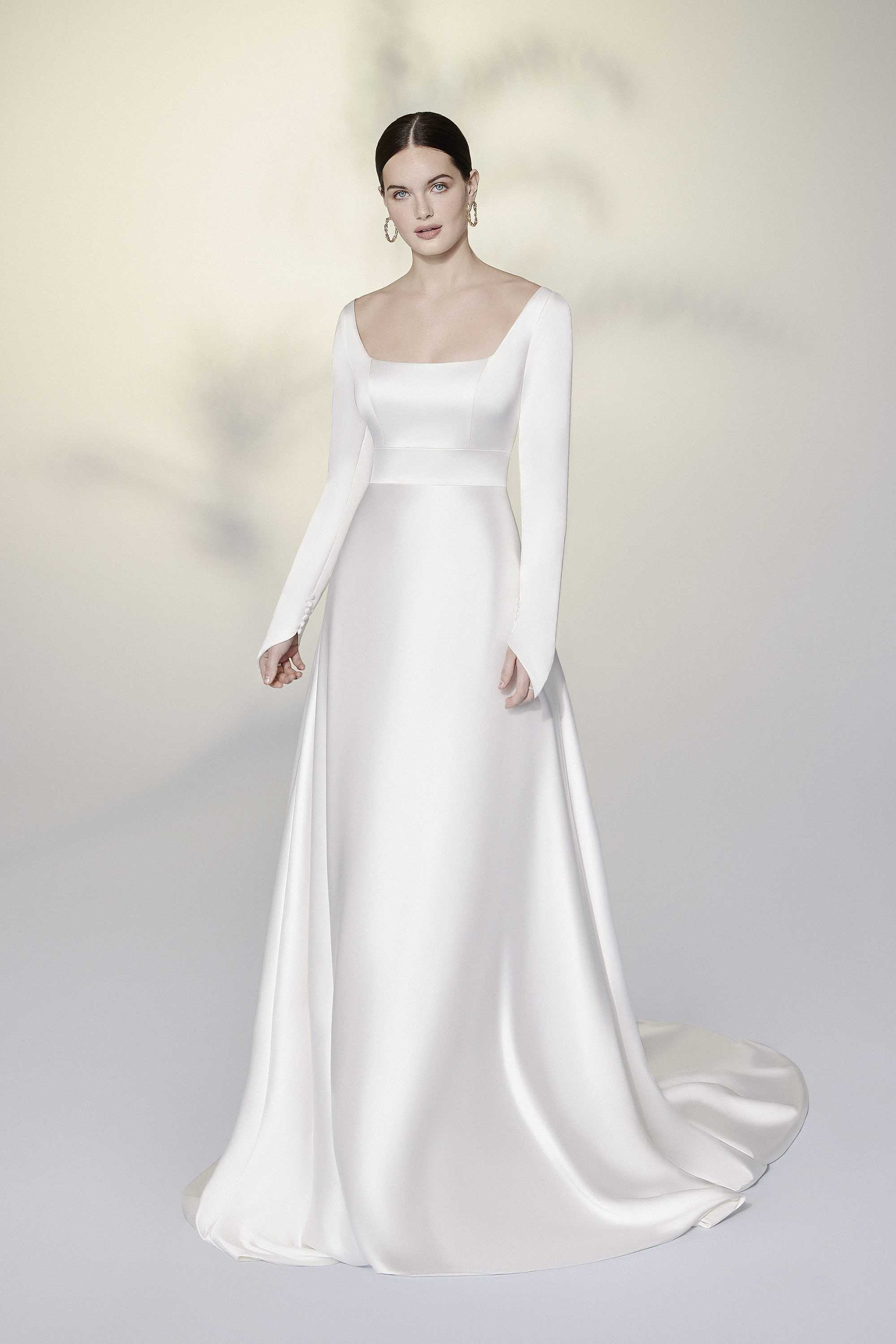 Style COPELAND: Square Neck Charmeuse A-Line Gown with Long Sleeves ...