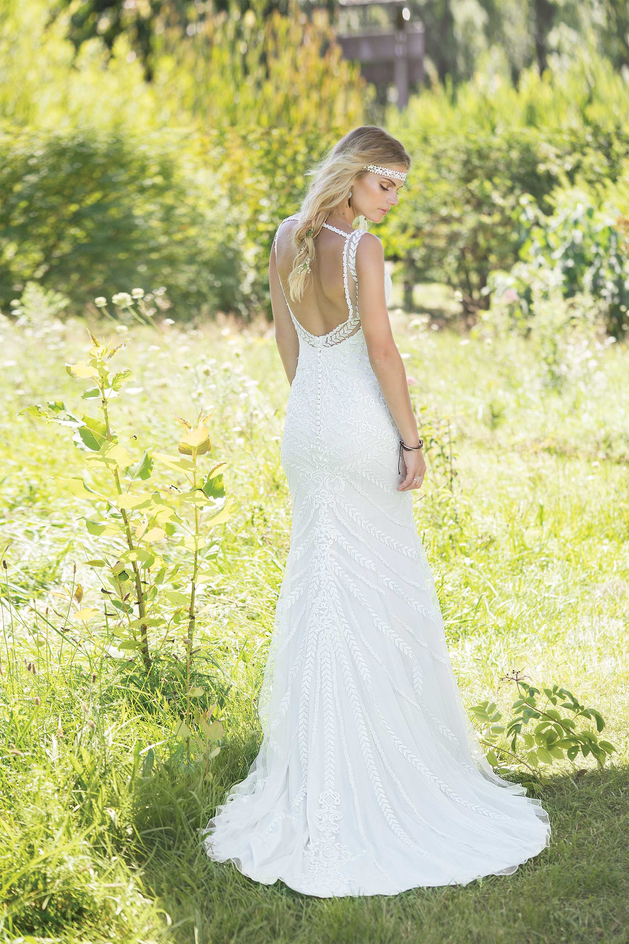Style 6478: Fit and Flare Gown with Sabrina Neckline and Lace Trim ...