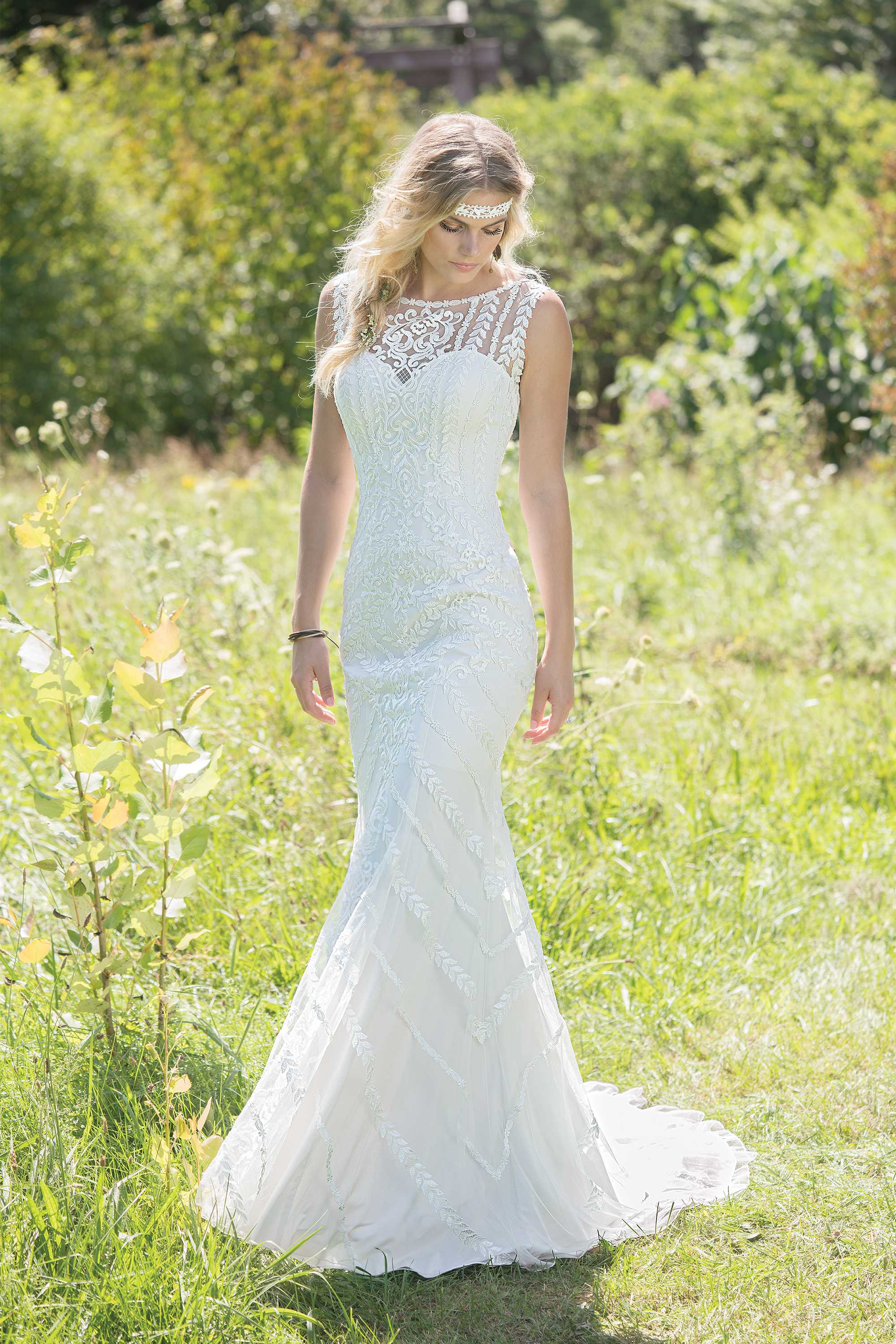 Style 6478: Fit and Flare Gown with Sabrina Neckline and Lace Trim ...