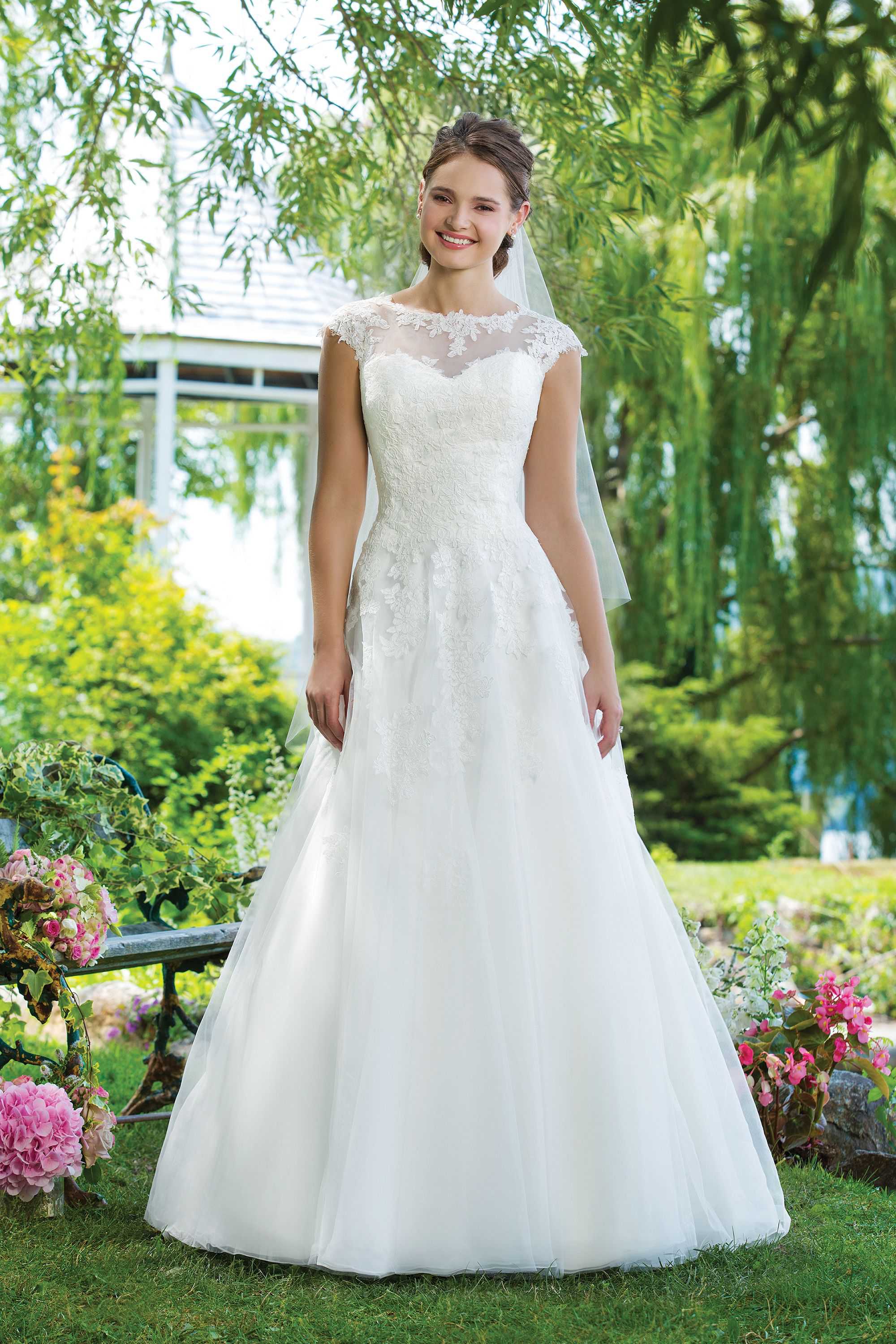Style 6097: Alencon Lace and Tulle Ball Gown with Sabrina Neckline ...