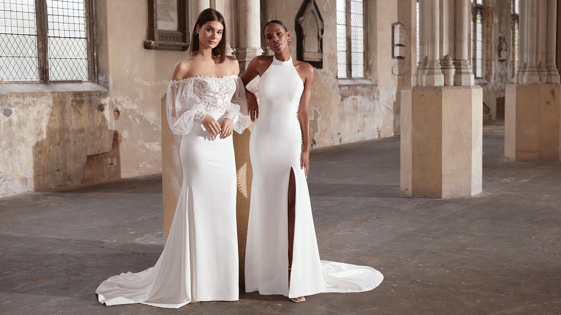 Style Emma: Crepe Fit and Flare Wedding Dress with Tulle Bishop Sleeves ...