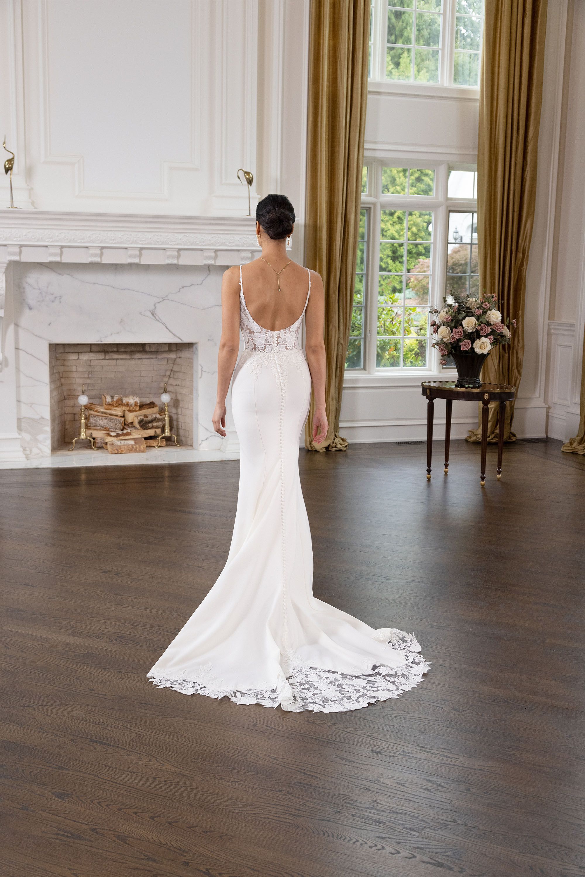 Style Everley: Lace and Crepe Fit and Flare Wedding Dress with Slit ...