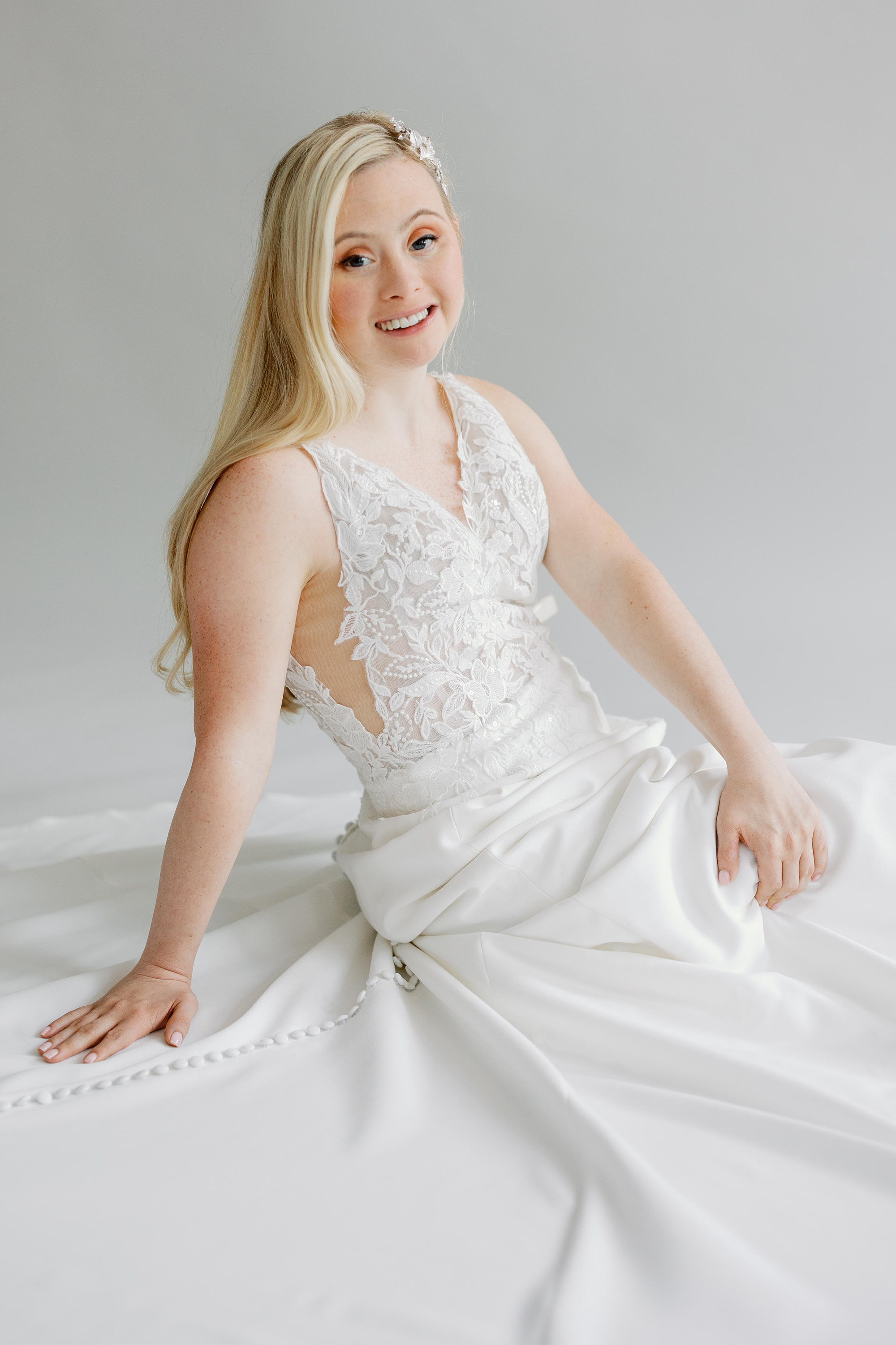 Style Everley: Lace and Crepe Fit and Flare Wedding Dress with Slit ...