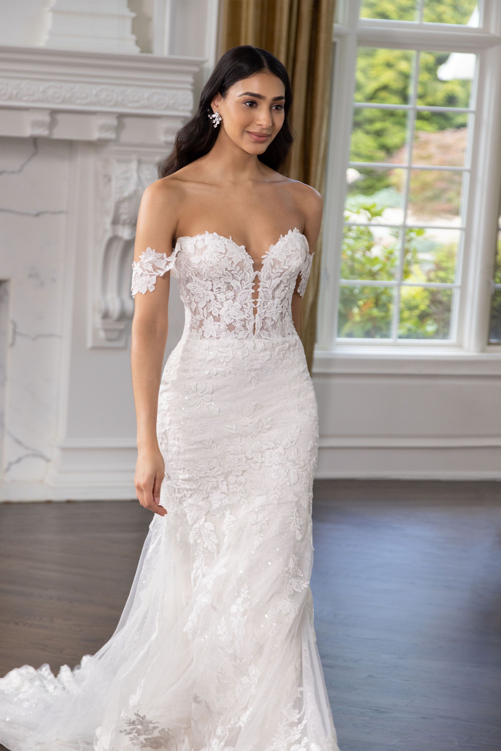 Style Elissa: Lace Fit and Flare Gown with Detachable Off the Shoulder ...