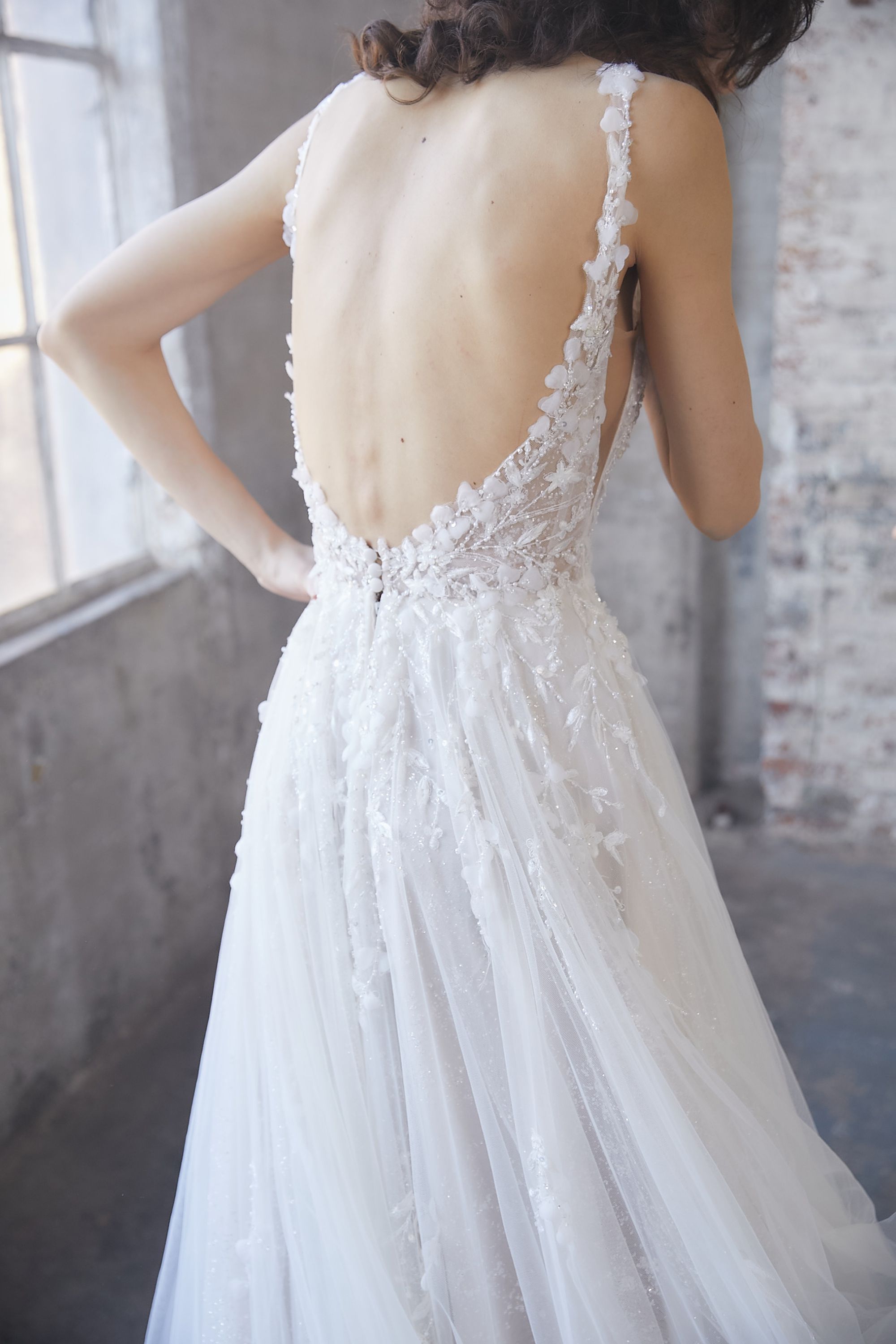 Style GUSSIE: Beaded Tulle A-Line Wedding Gown with Illusion Sabrina ...