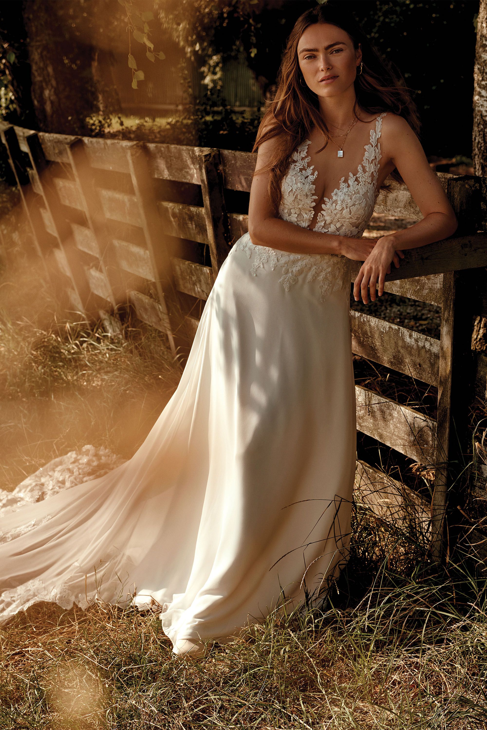 Style 66240: Chiffon A-Line Dress with Plunging Illusion Sabrina ...