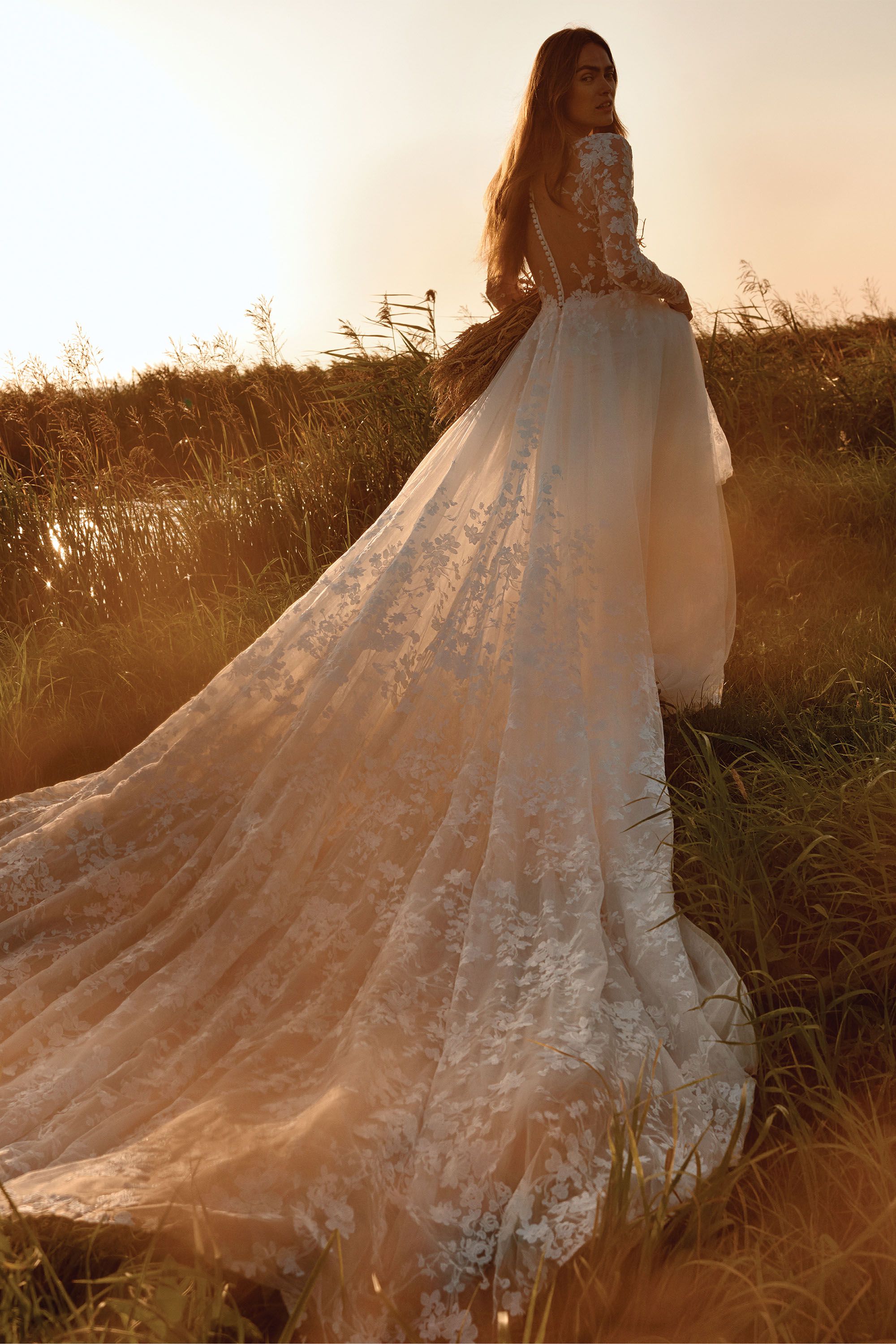 Style 66229: Long Sleeve A-Line Dress with Cathedral Length Train ...