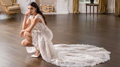 Style Ember: Lace Fit and Flare Wedding Dress with Cap Sleeves and Low ...