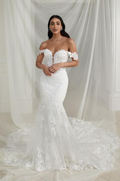 Style Elissa: Lace Fit and Flare Gown with Detachable Off the Shoulder ...