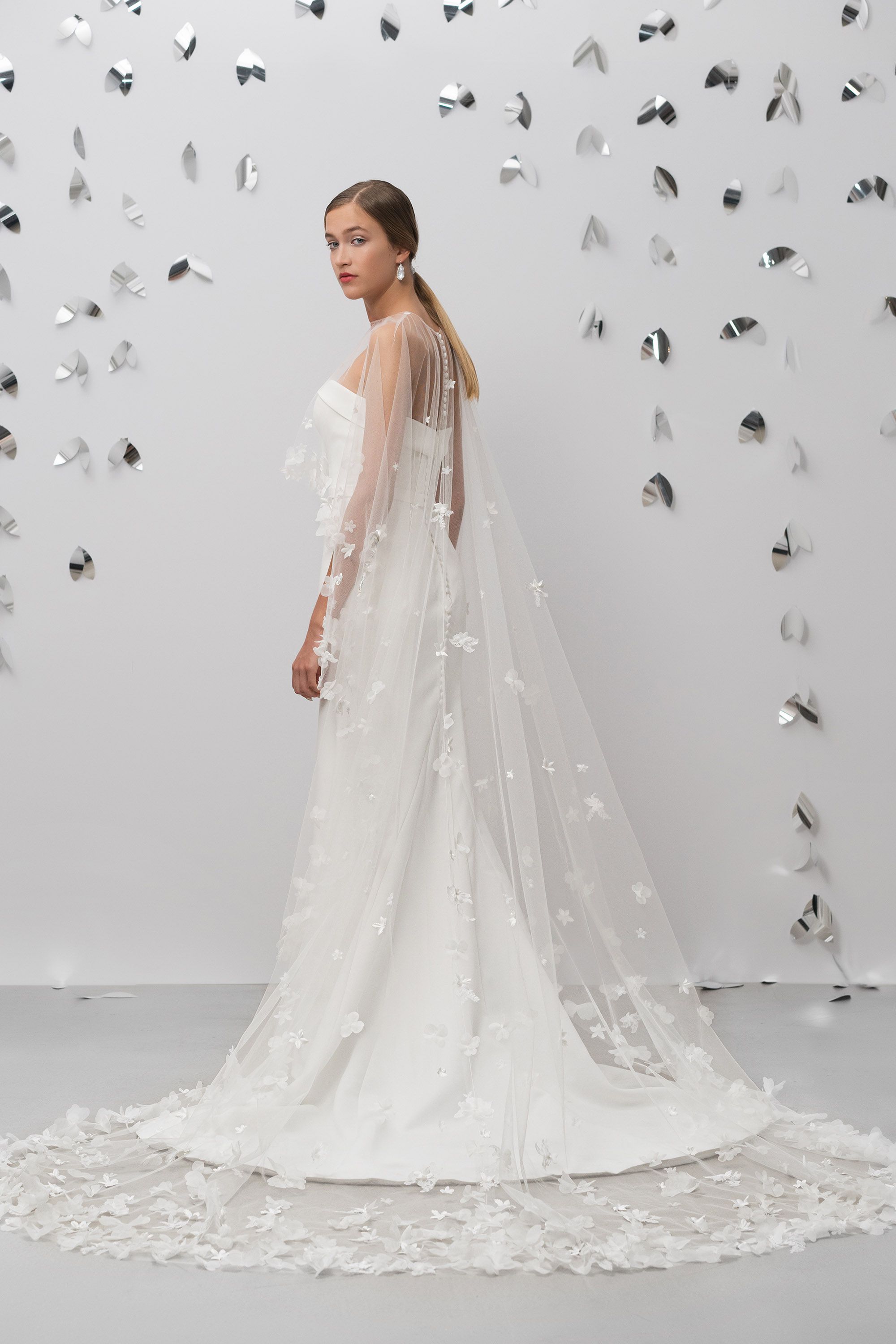 Style 99021C: Floral Trimmed High Neck Cape | Justin Alexander Signature
