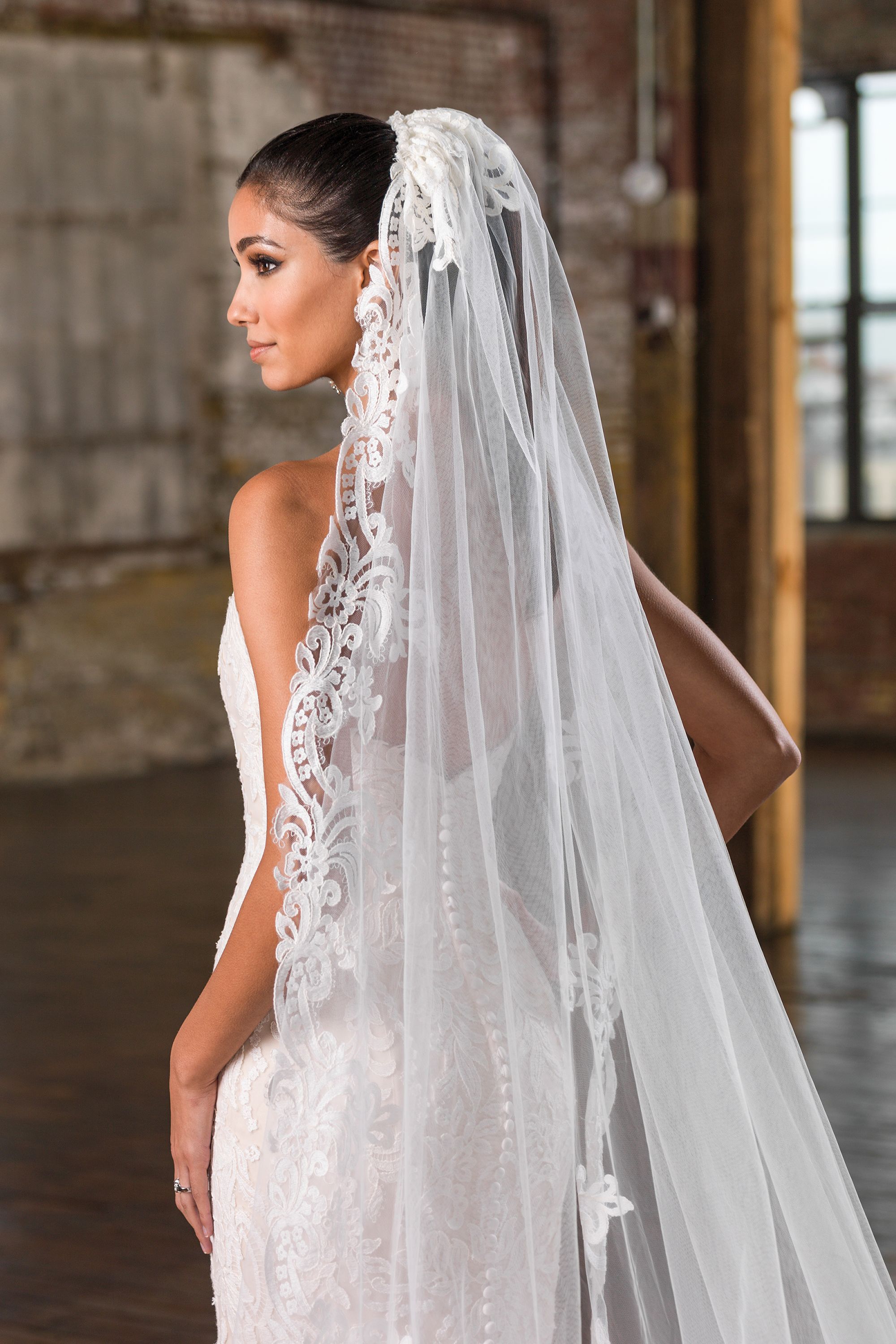 Style 9826V: Cathedral Veil with Lace Appliqué Trim | Justin Alexander ...