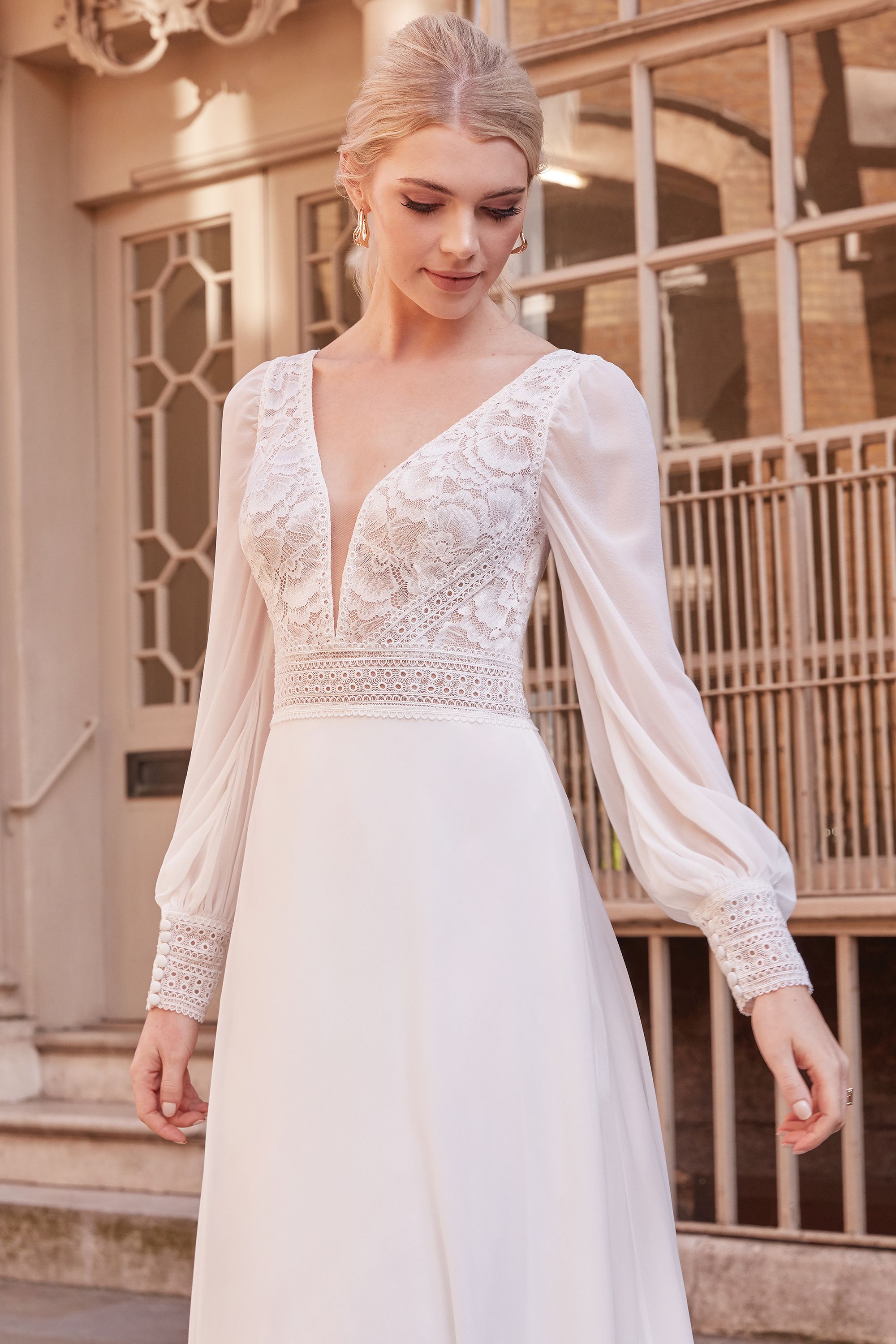 Style Griffin: Chiffon A-Line Wedding Dress with Bishop Sleeves | Adore ...