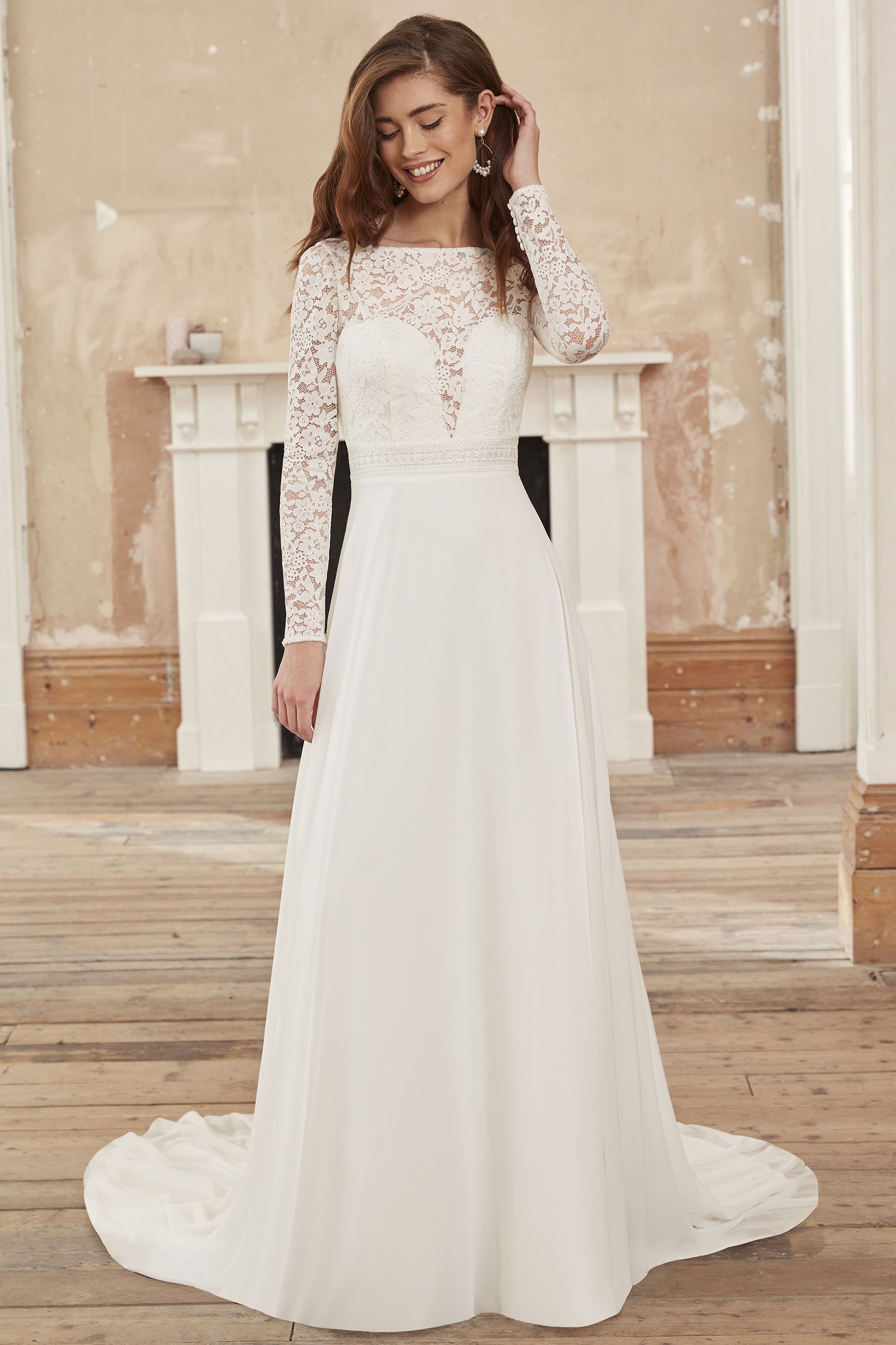 Style Aileen: Sabrina Neckline Chiffon A-Line Dress with Long Sleeves ...