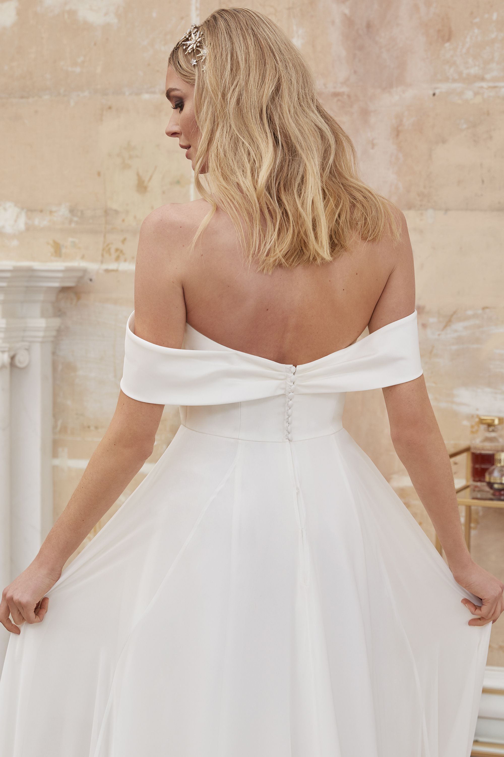 Style Amina: Off-the-shoulder Dress with Mikado Bodice and Chiffon ...