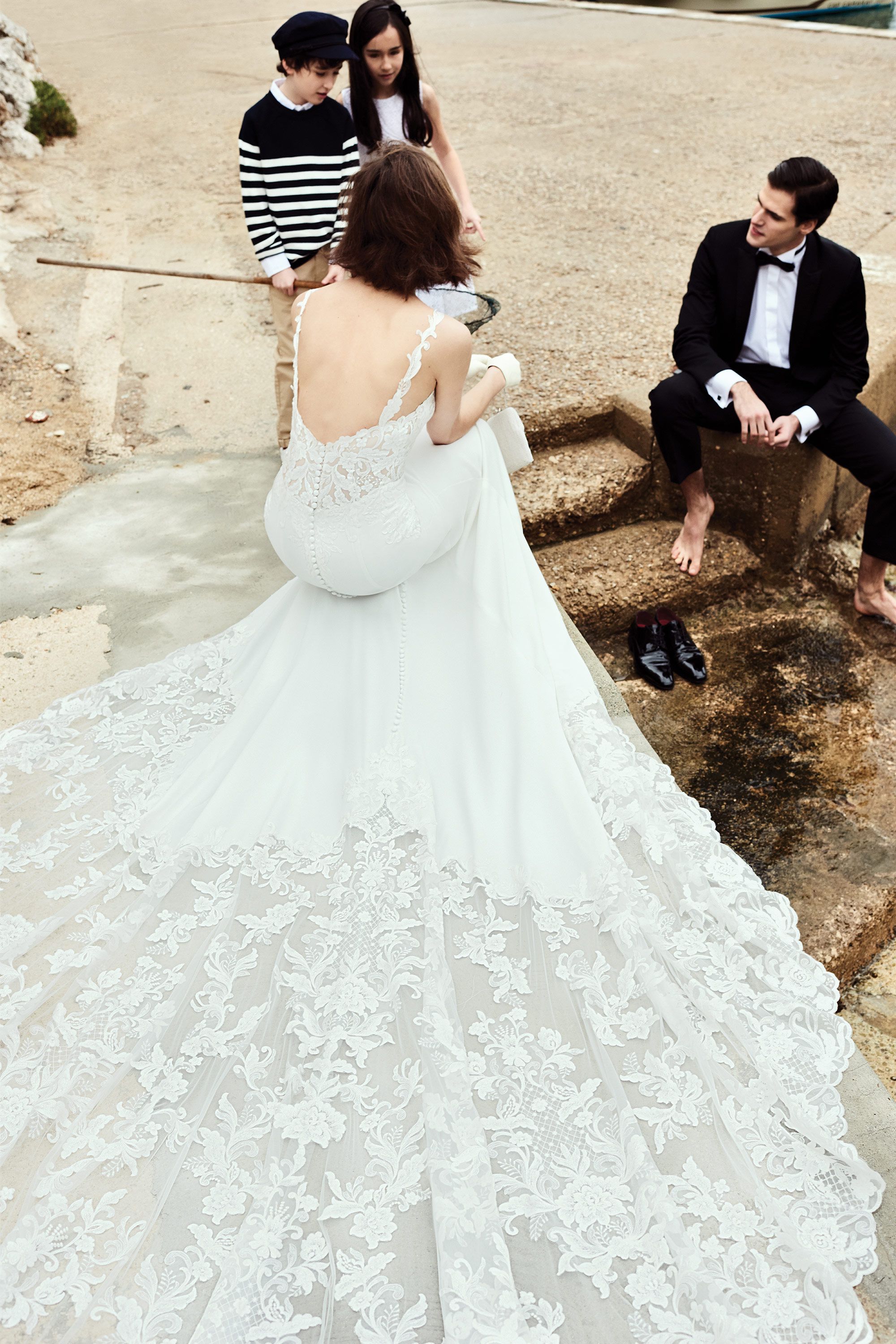 Style Alivia: Crepe Gown with Sequined Embroidered Lace and Cathedral ...