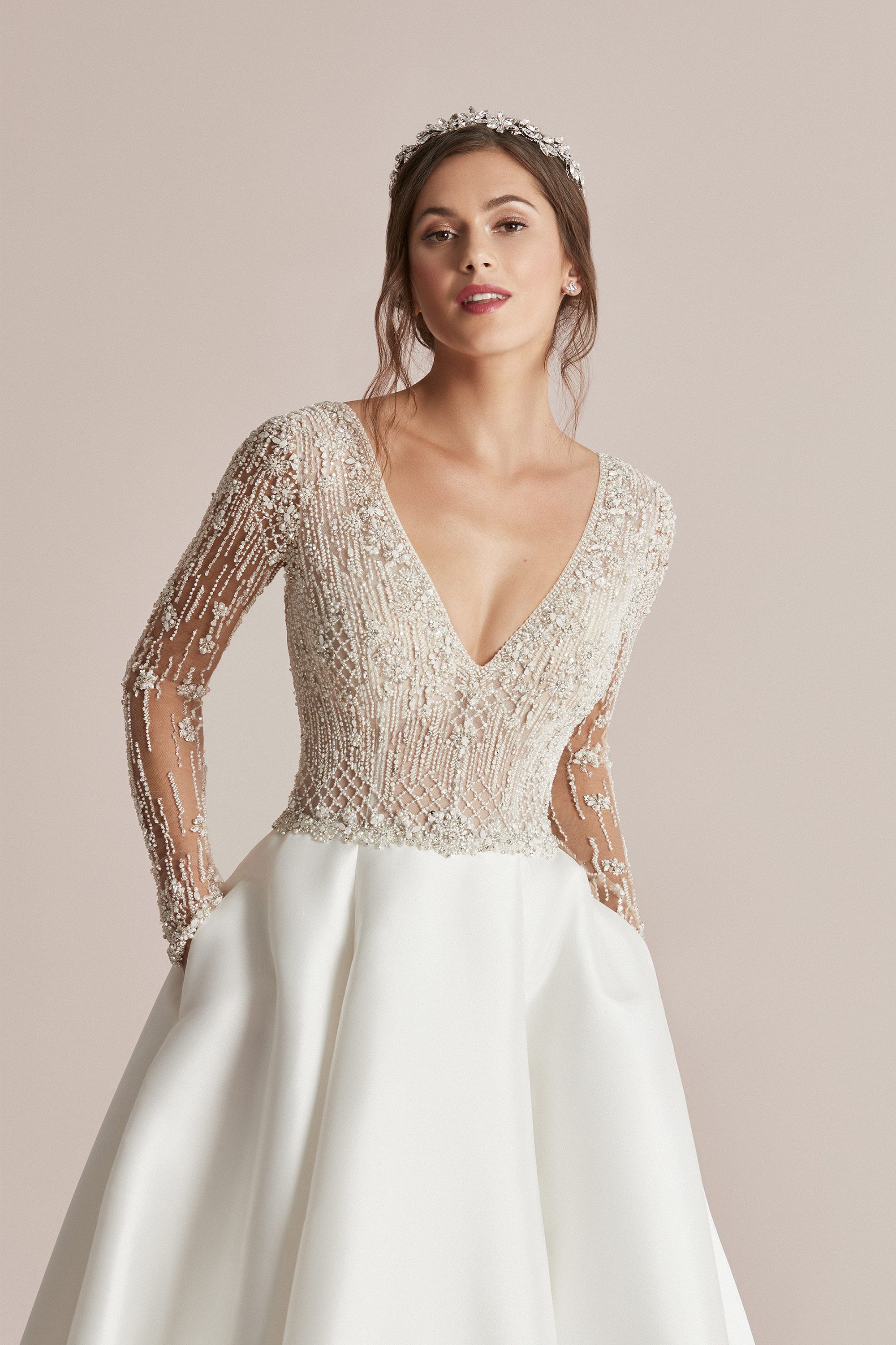 Style Carson: Beaded Long Sleeve Ball Gown with Mikado Skirt and ...