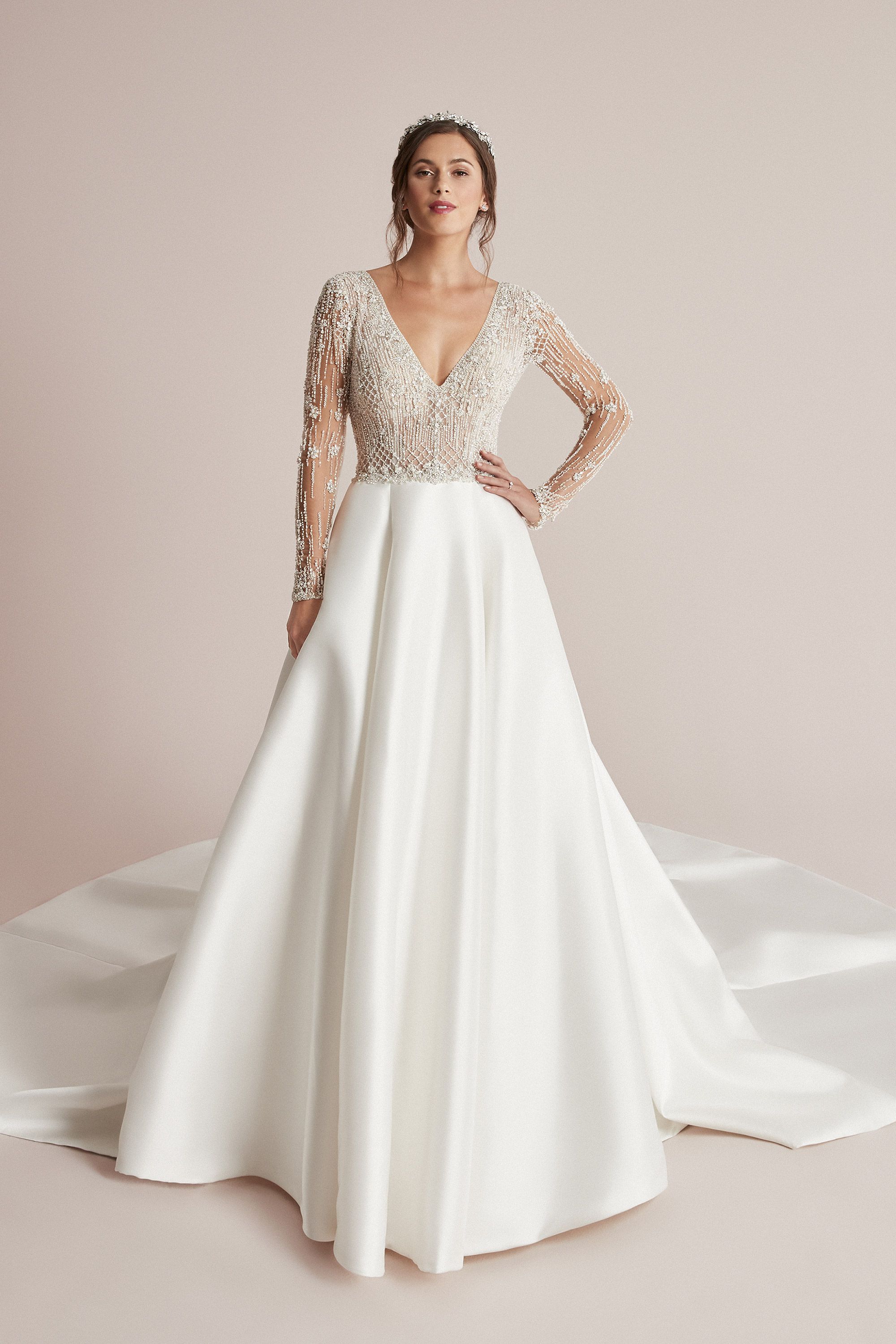 Style Carson: Beaded Long Sleeve Ball Gown with Mikado Skirt and ...