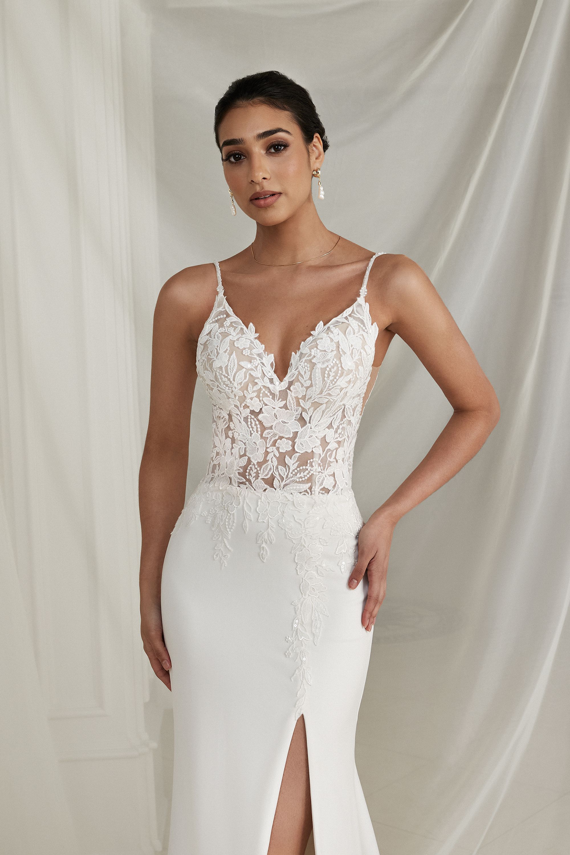 Style Everley: Lace and Crepe Fit and Flare Wedding Dress with Slit ...