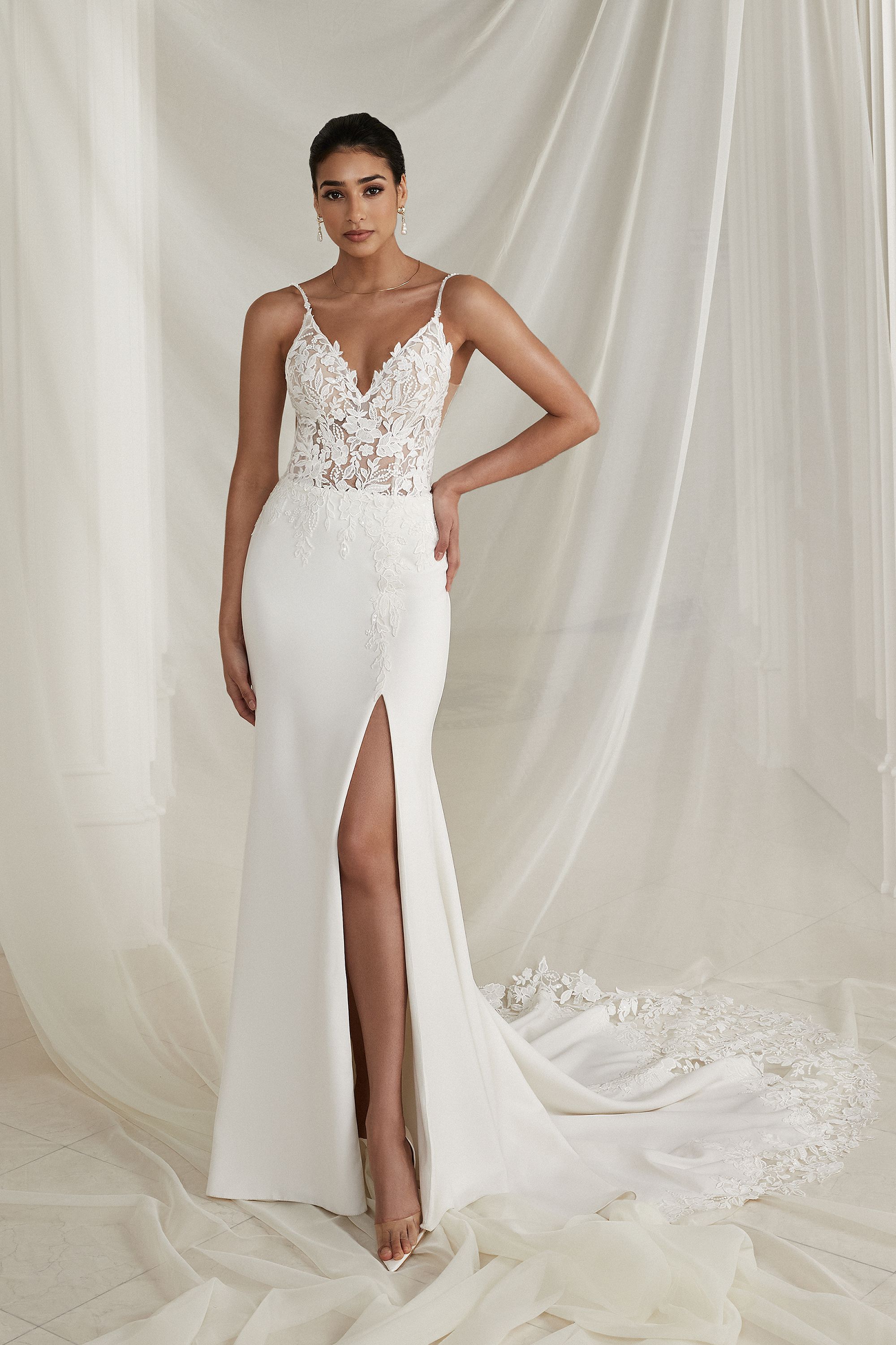 Style Everley: Lace and Crepe Fit and Flare Wedding Dress with Slit ...