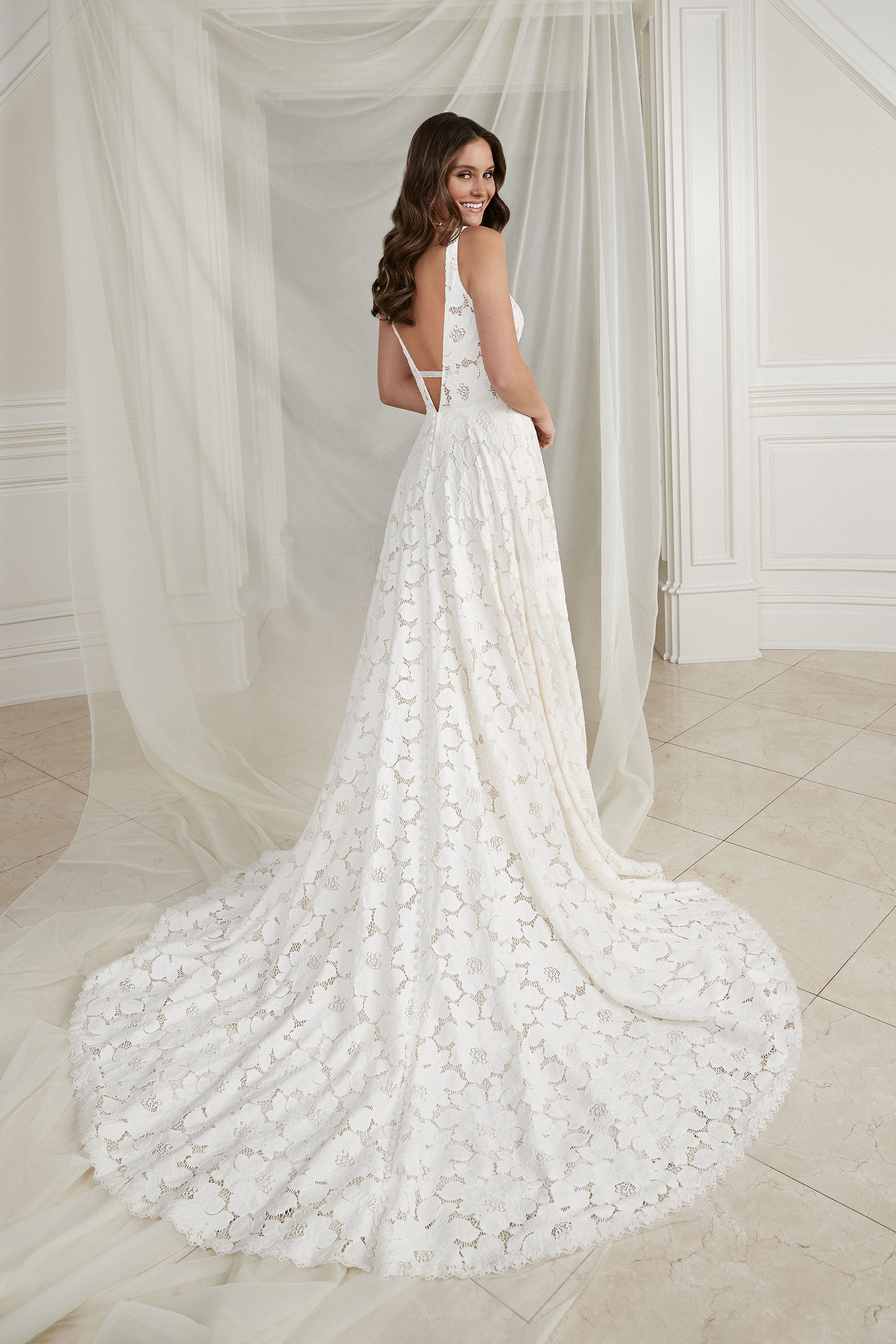 Style Emily: Allover Cotton Lace A-Line Wedding Dress with V-Neckline ...