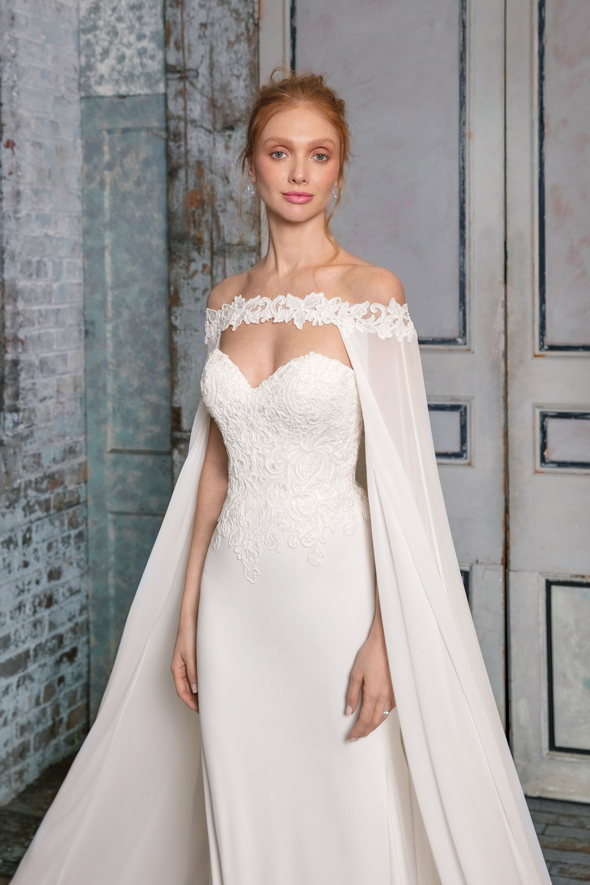 Style 99019: Crepe Fit and Flare Gown with Chiffon Cape | Justin ...