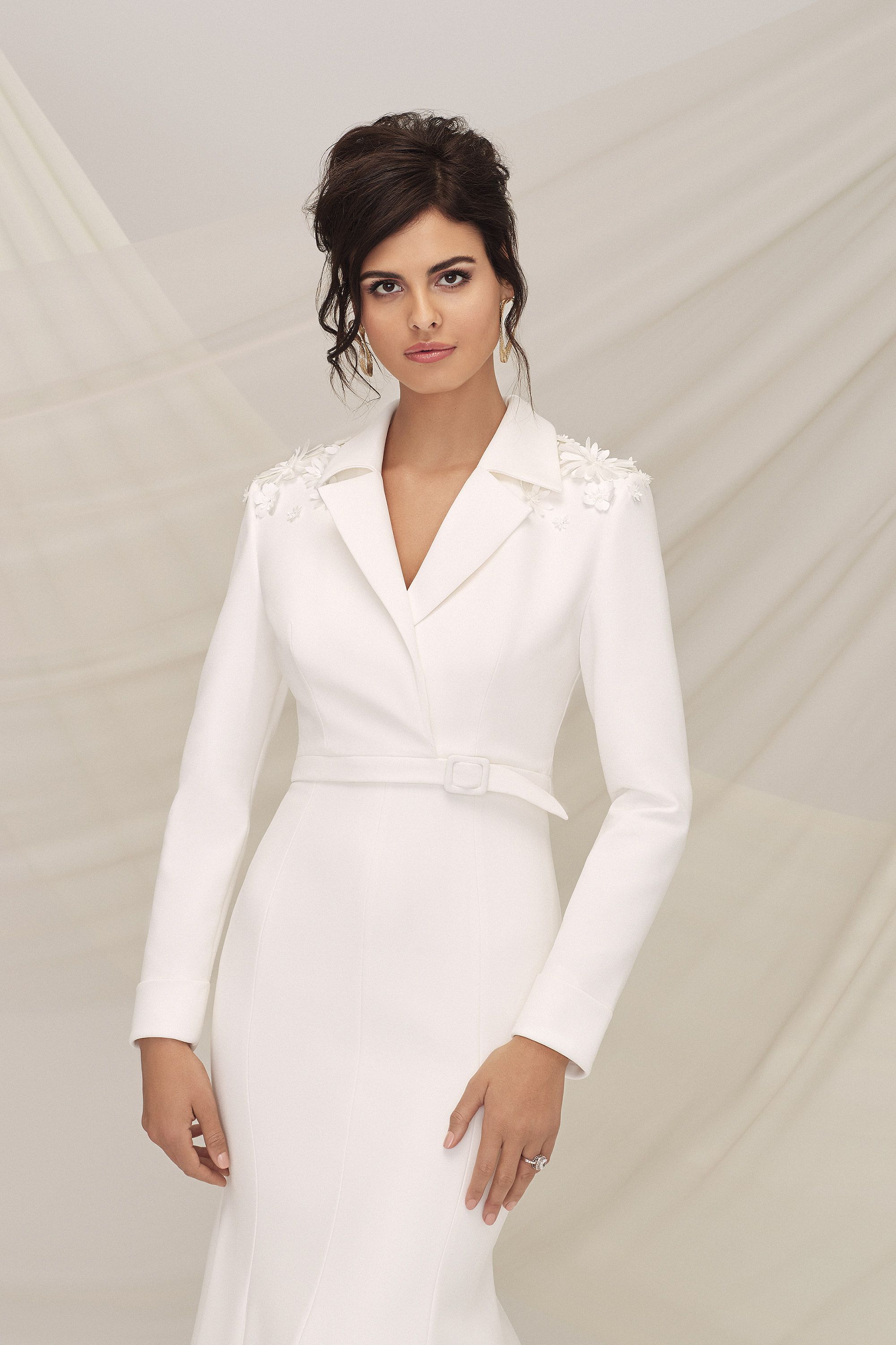 Style RIPLEY: Modern V-Neck Crepe Fit and Flare Gown with Moto Jacket ...