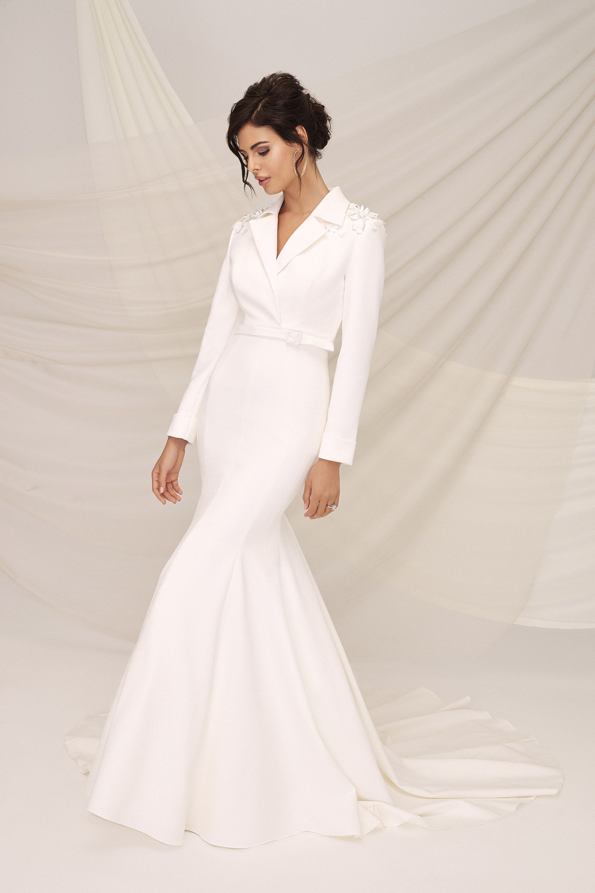 Style RIPLEY: Modern V-Neck Crepe Fit and Flare Gown with Moto Jacket ...