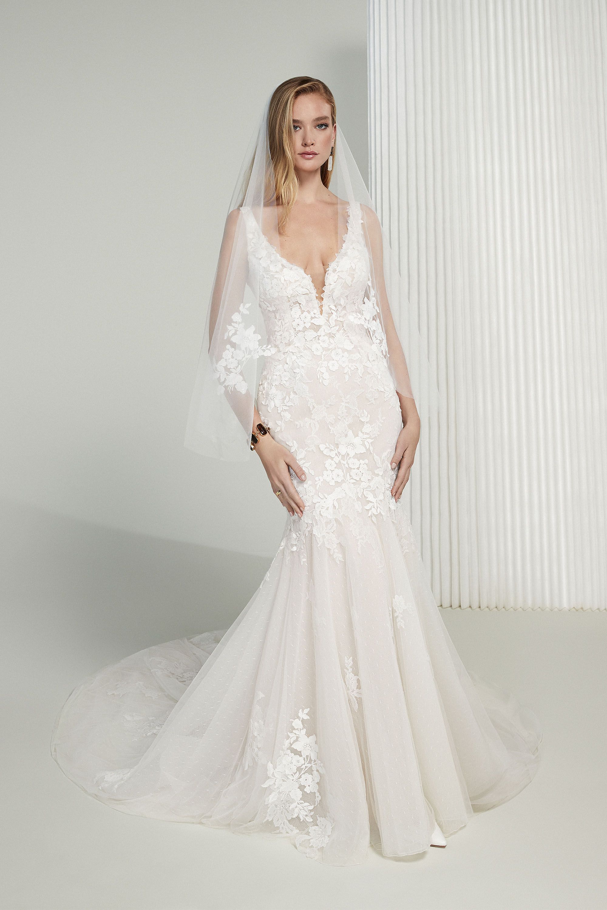 Style JANE: Lace Fit and Flare Wedding Gown with Plunging V-Neck and ...