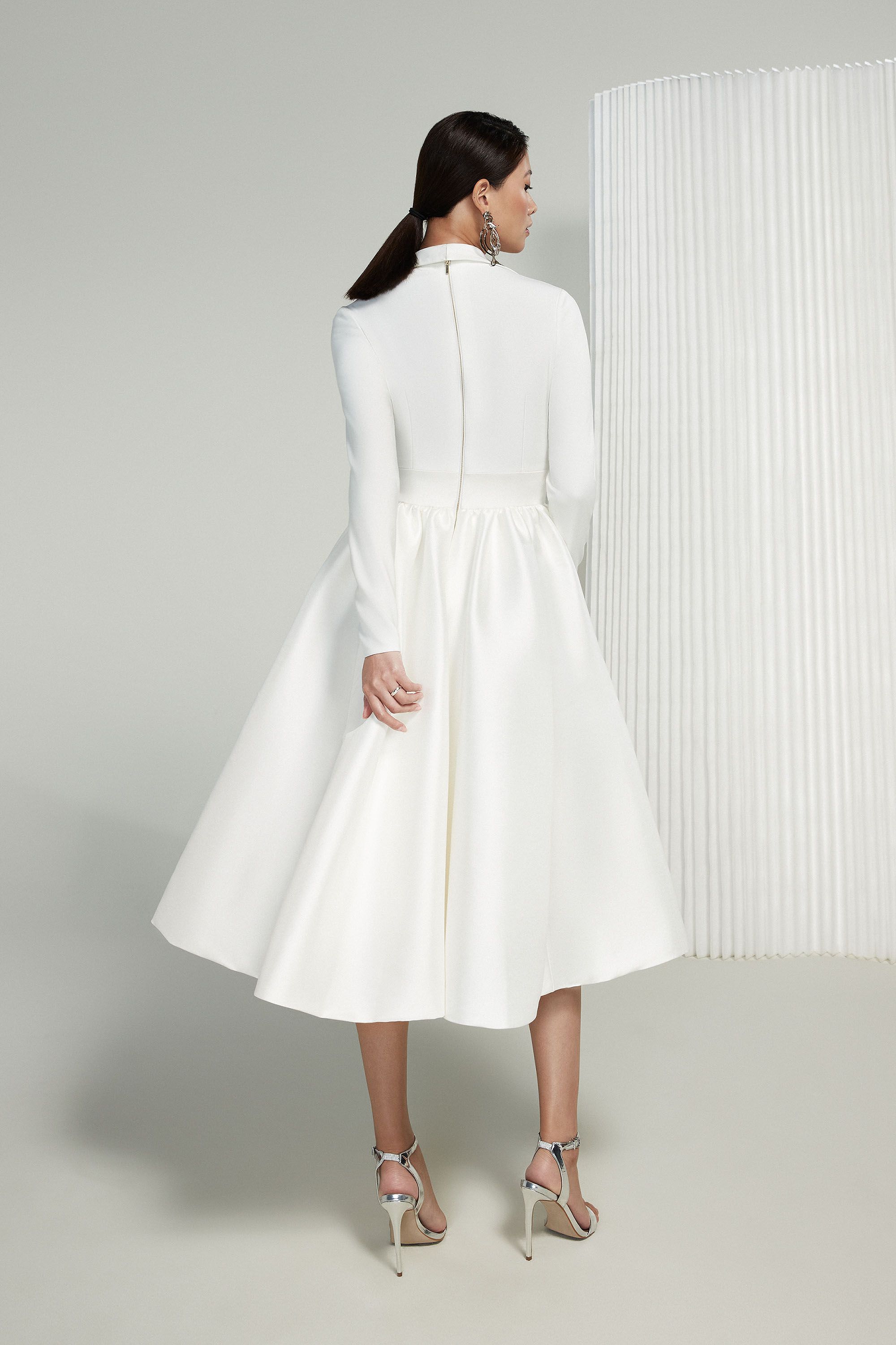Style SARAH: Long Sleeve Tea Length Dress with Bow | Justin Alexander ...