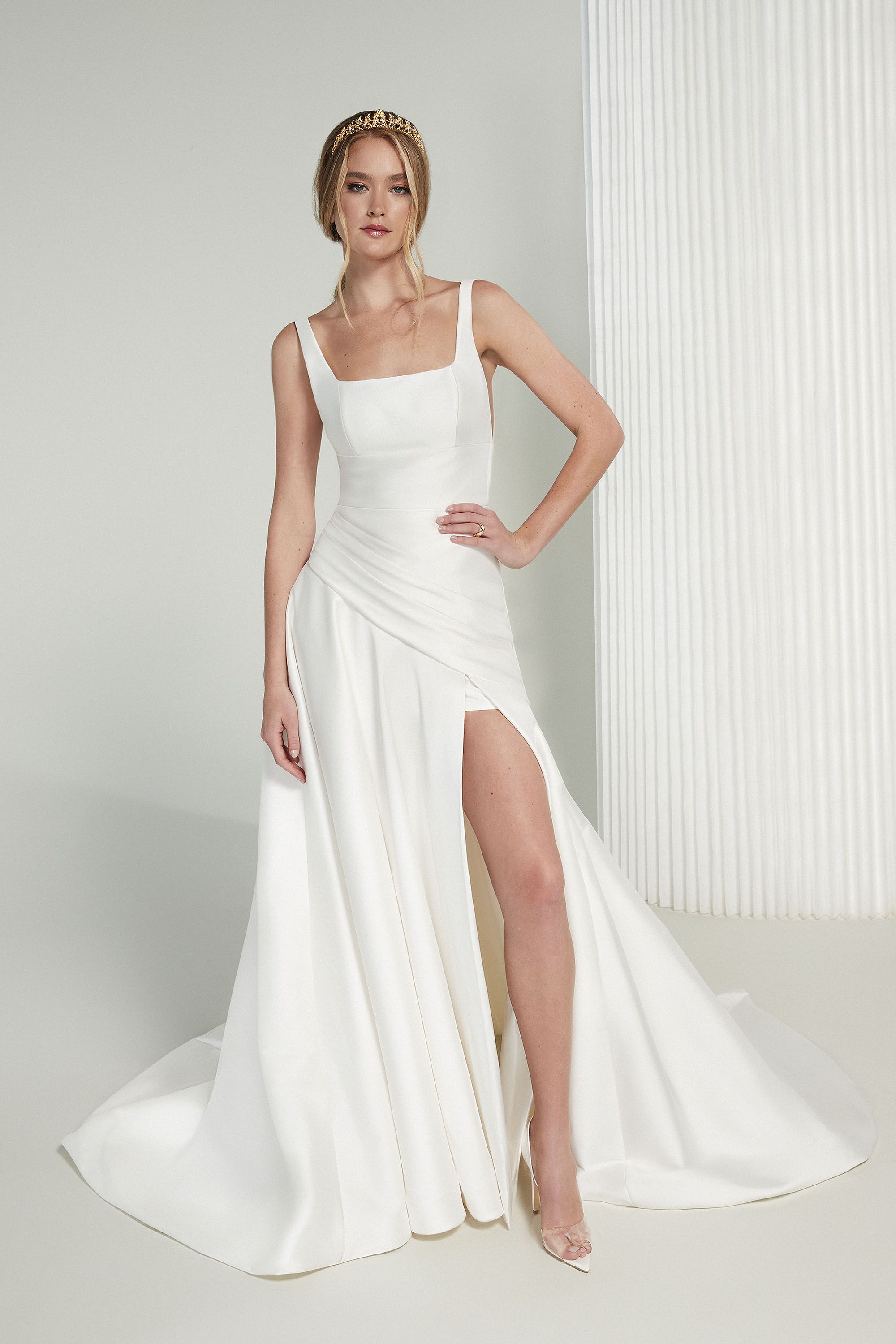 Style JACKIE: Asymmetric Stretch Mikado Wedding Gown with Square ...