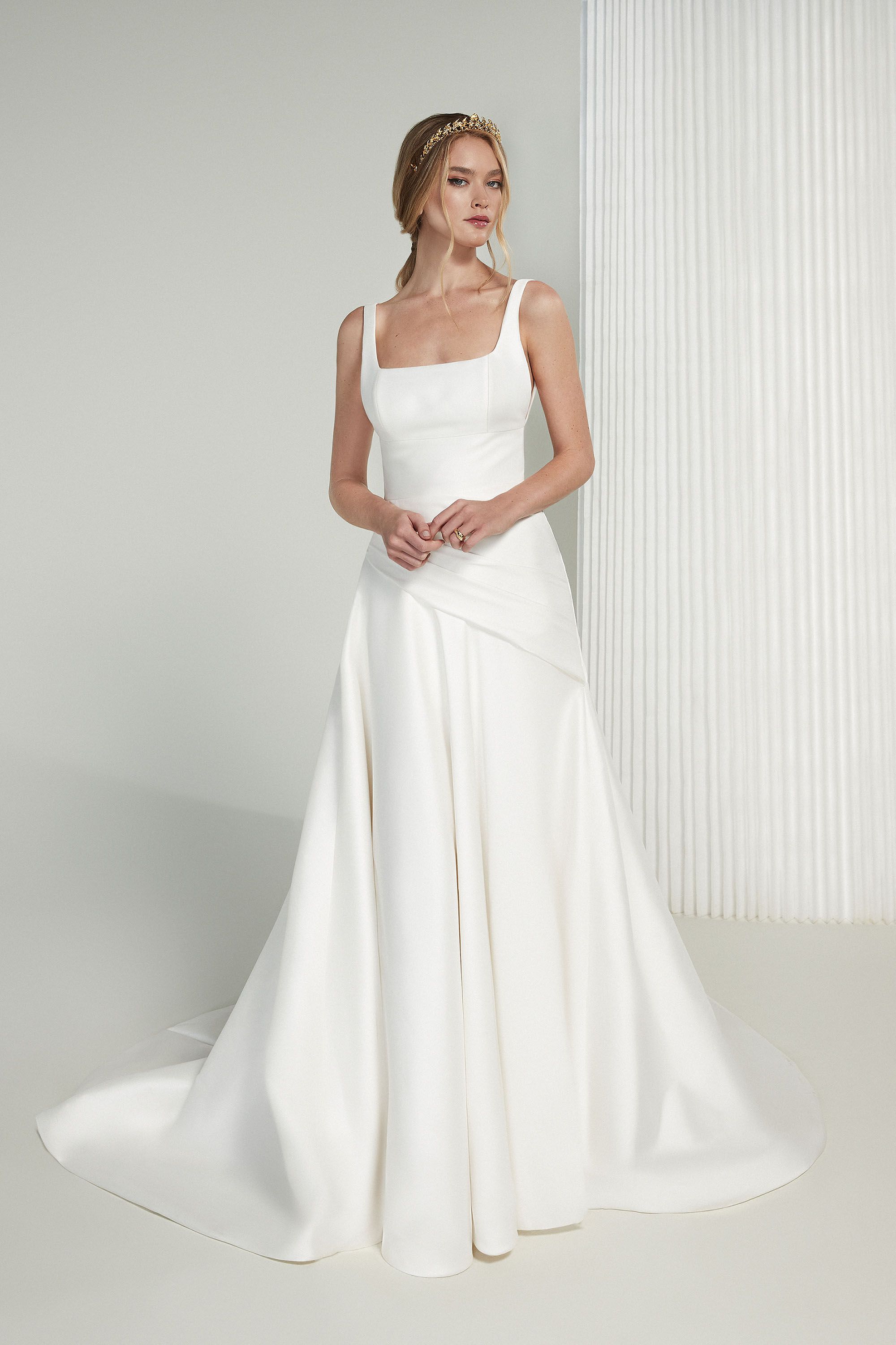 Style JACKIE: Asymmetric Stretch Mikado Wedding Gown with Square ...
