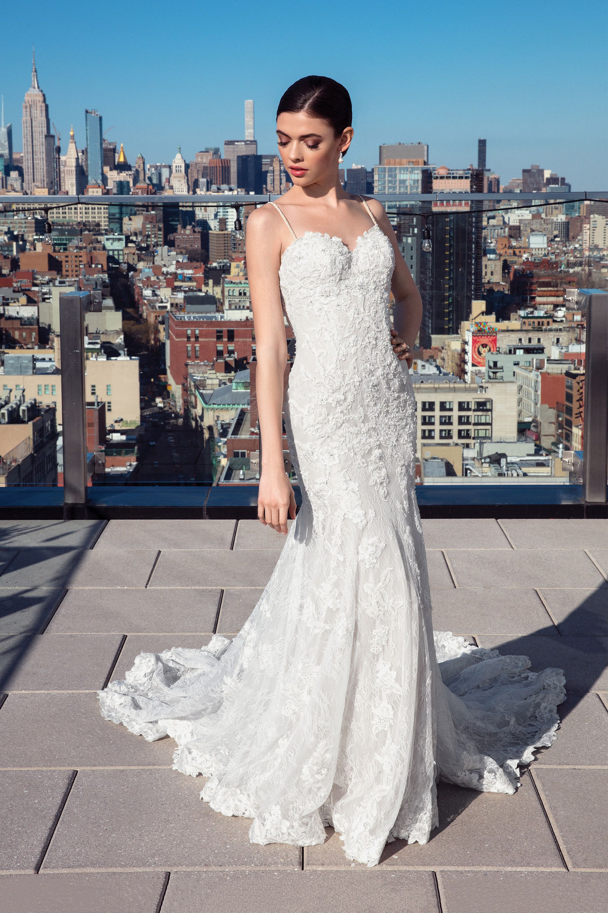 Style 99028: Allover Lace Spaghetti Strap Fit and Flare Gown | Justin ...