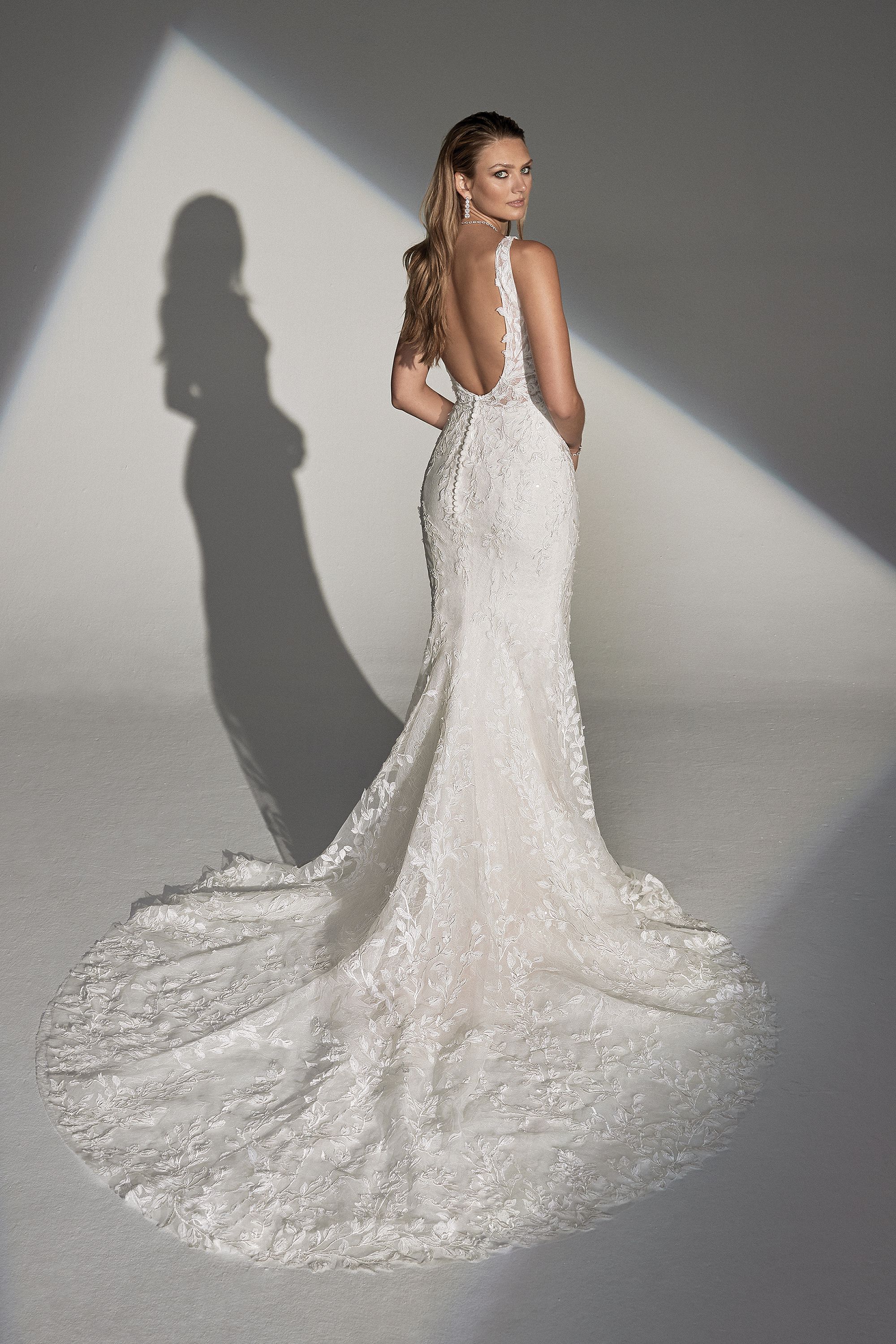 Style EVLEEN: V-Neck Lace Fit and Flare Wedding Gown with 3D Laser Cut ...