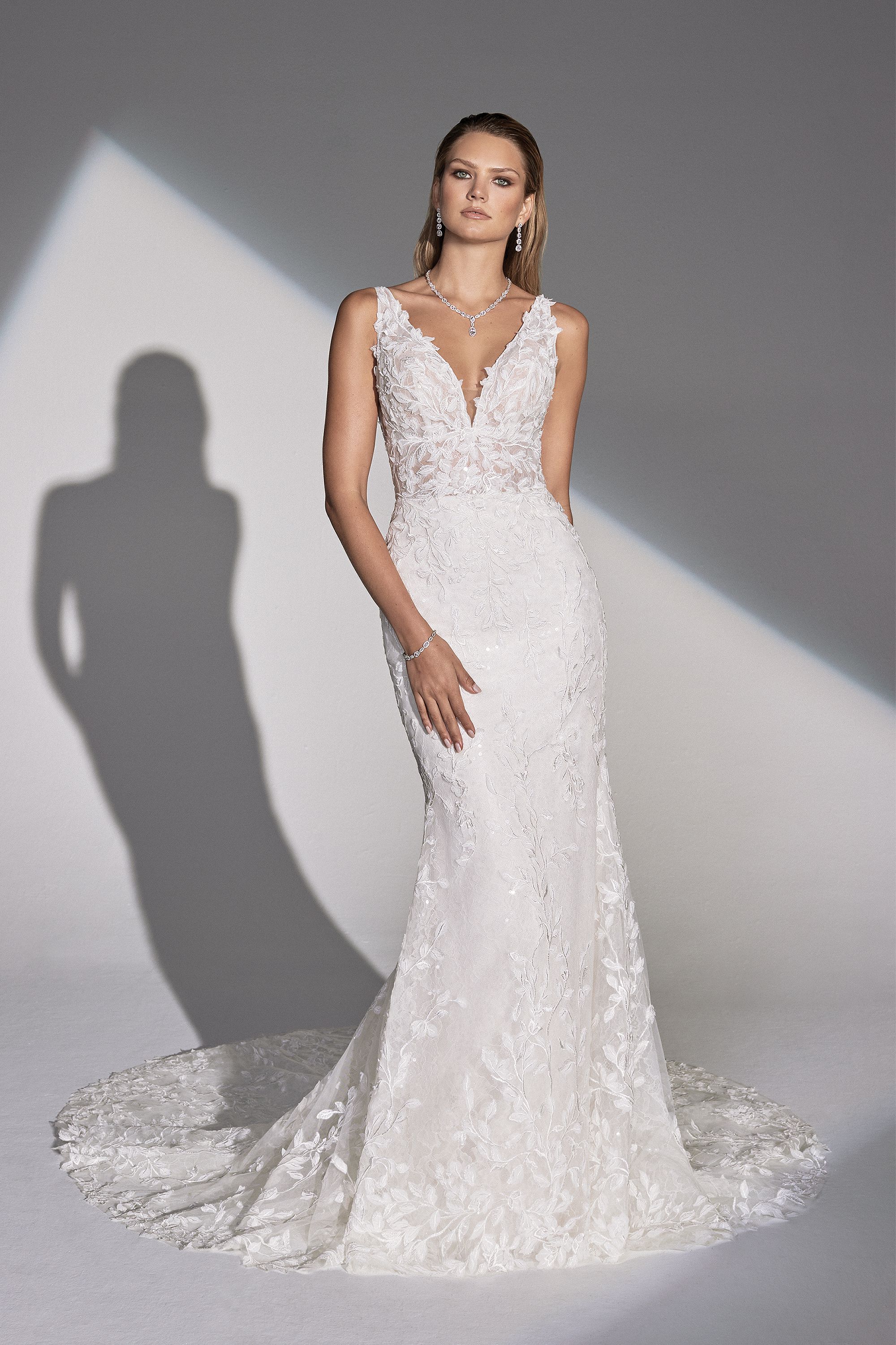 Style EVLEEN: V-Neck Lace Fit and Flare Wedding Gown with 3D Laser Cut ...