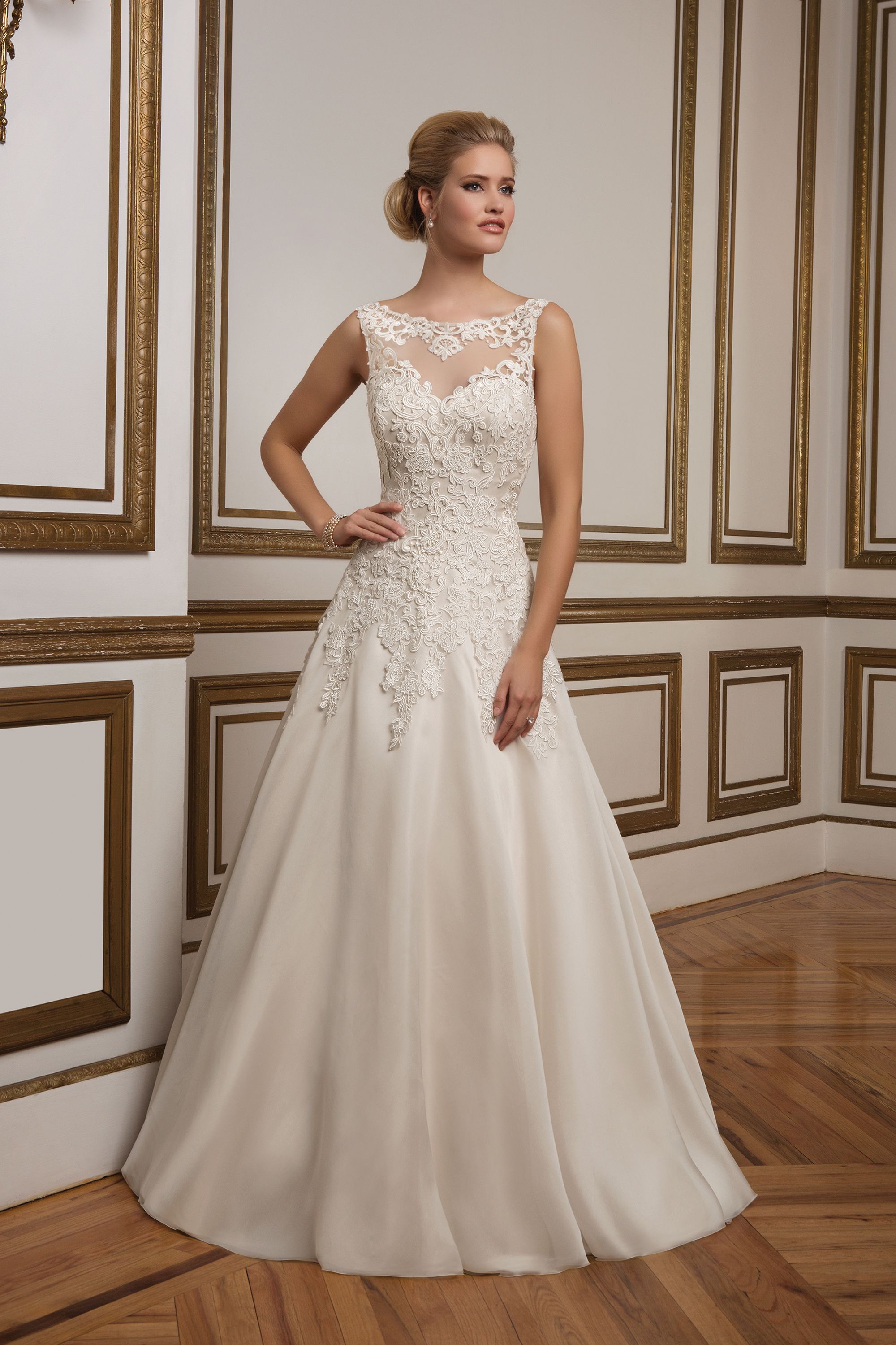 Style 8835: Lace and Organza Sabrina Neckline A-Line Bridal Gown ...