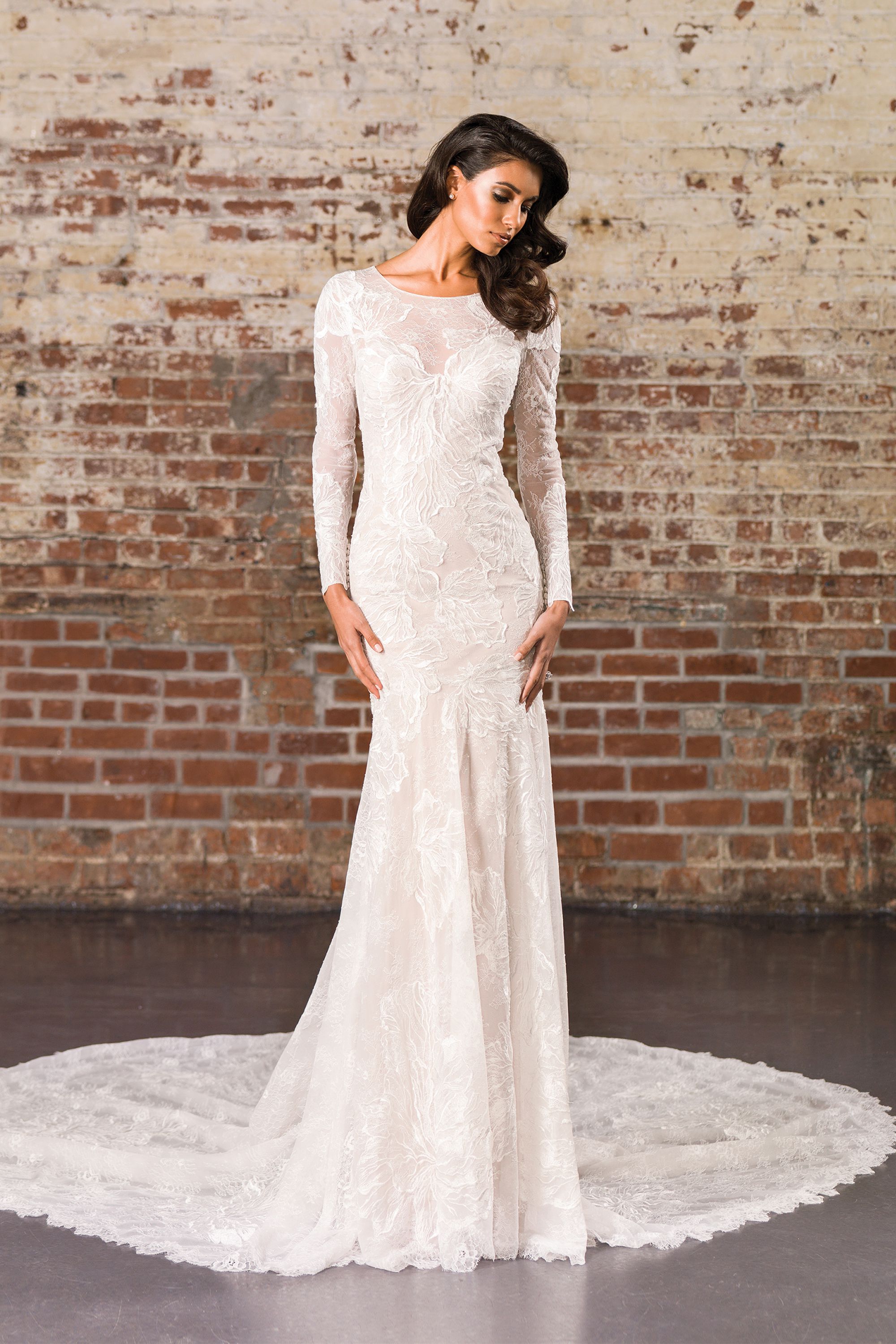 Style 9856: Long Sleeve Lace Fit and Flare Gown with Illusion Back ...