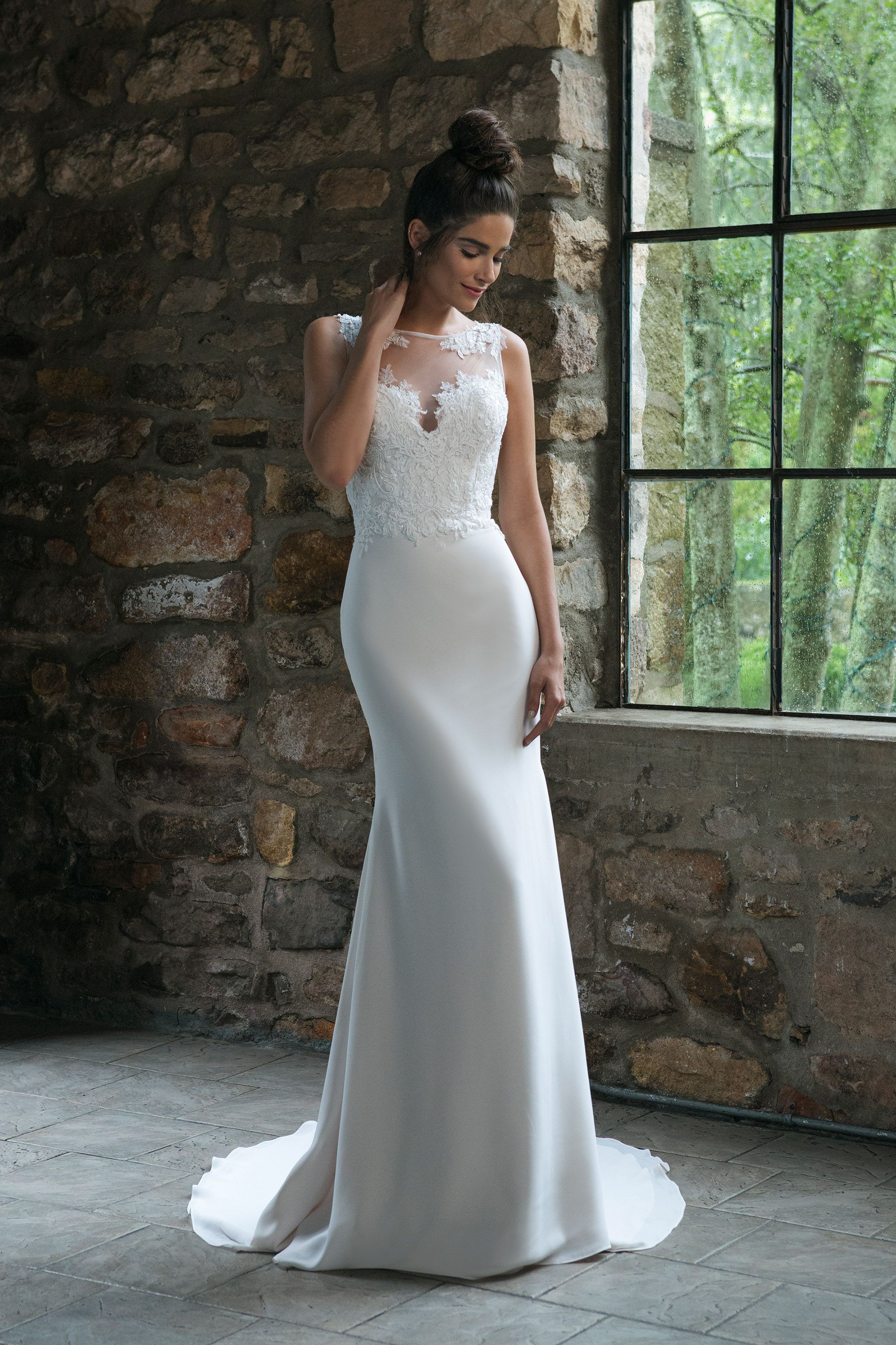 Style 44066: Straight Lace Detailed Gown with Sabrina Neckline ...
