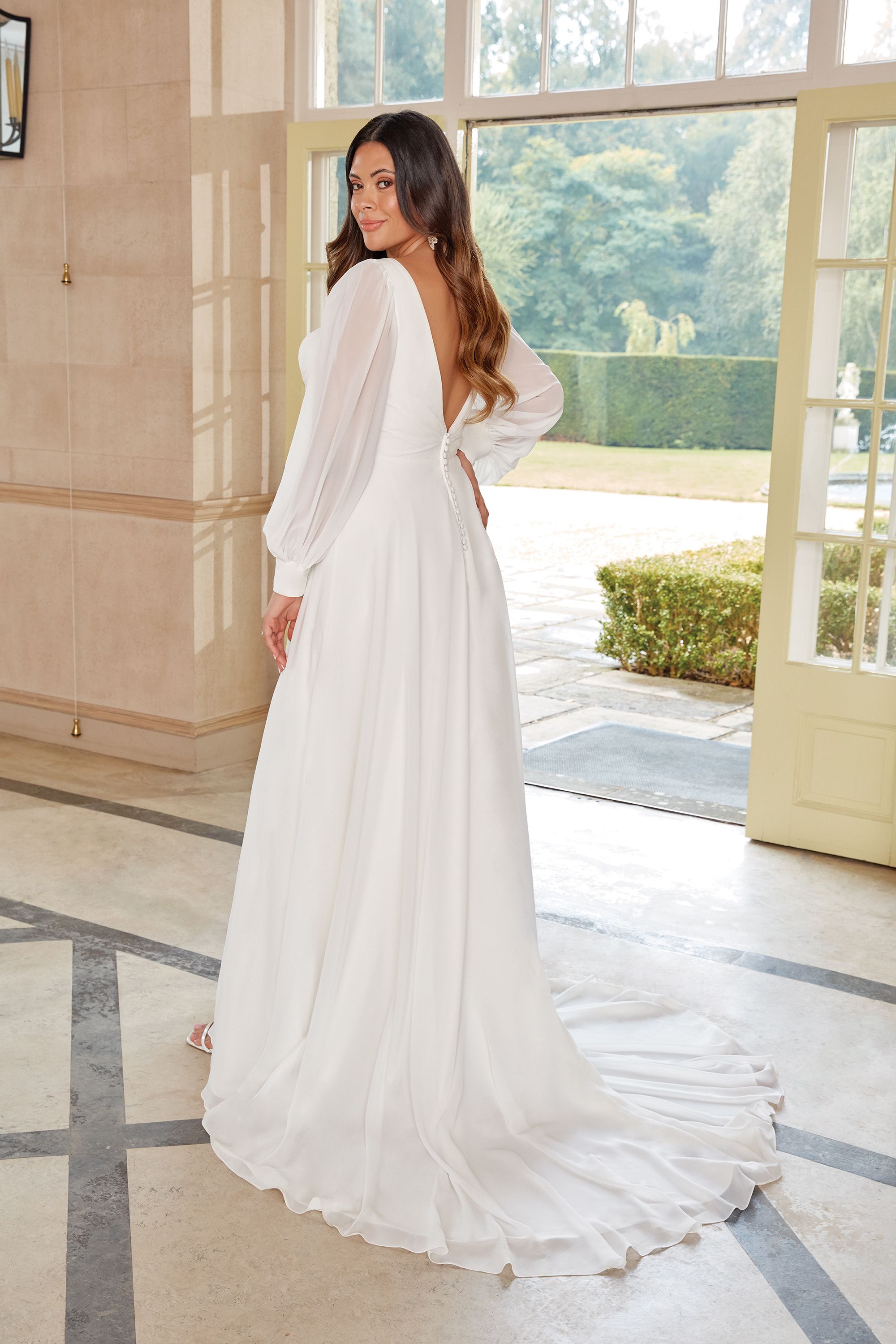 Style 44264PS: Plus Size Chiffon A-Line Gown with V-Neckline and Bishop ...