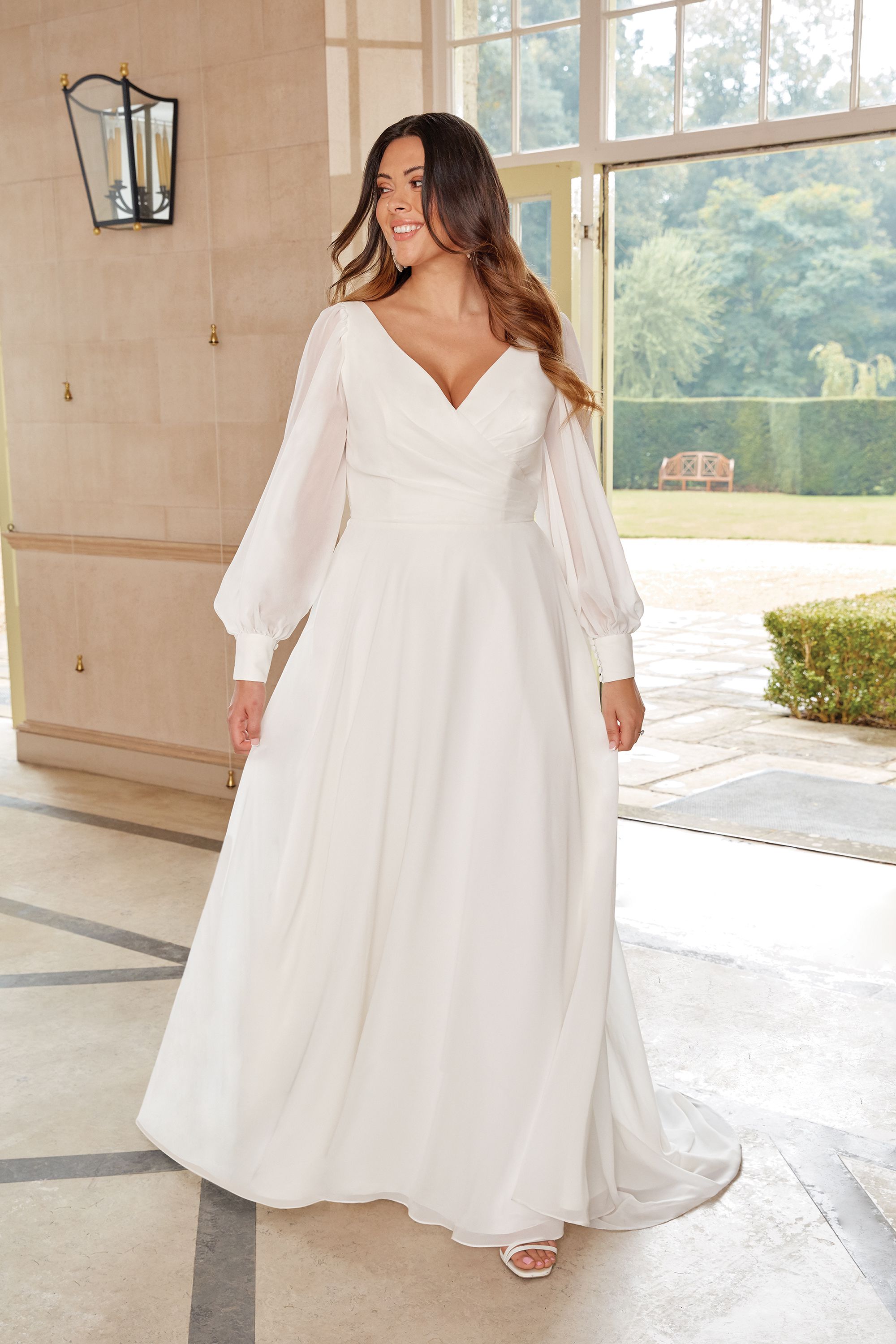 Style 44264PS: Plus Size Chiffon A-Line Gown with V-Neckline and Bishop ...