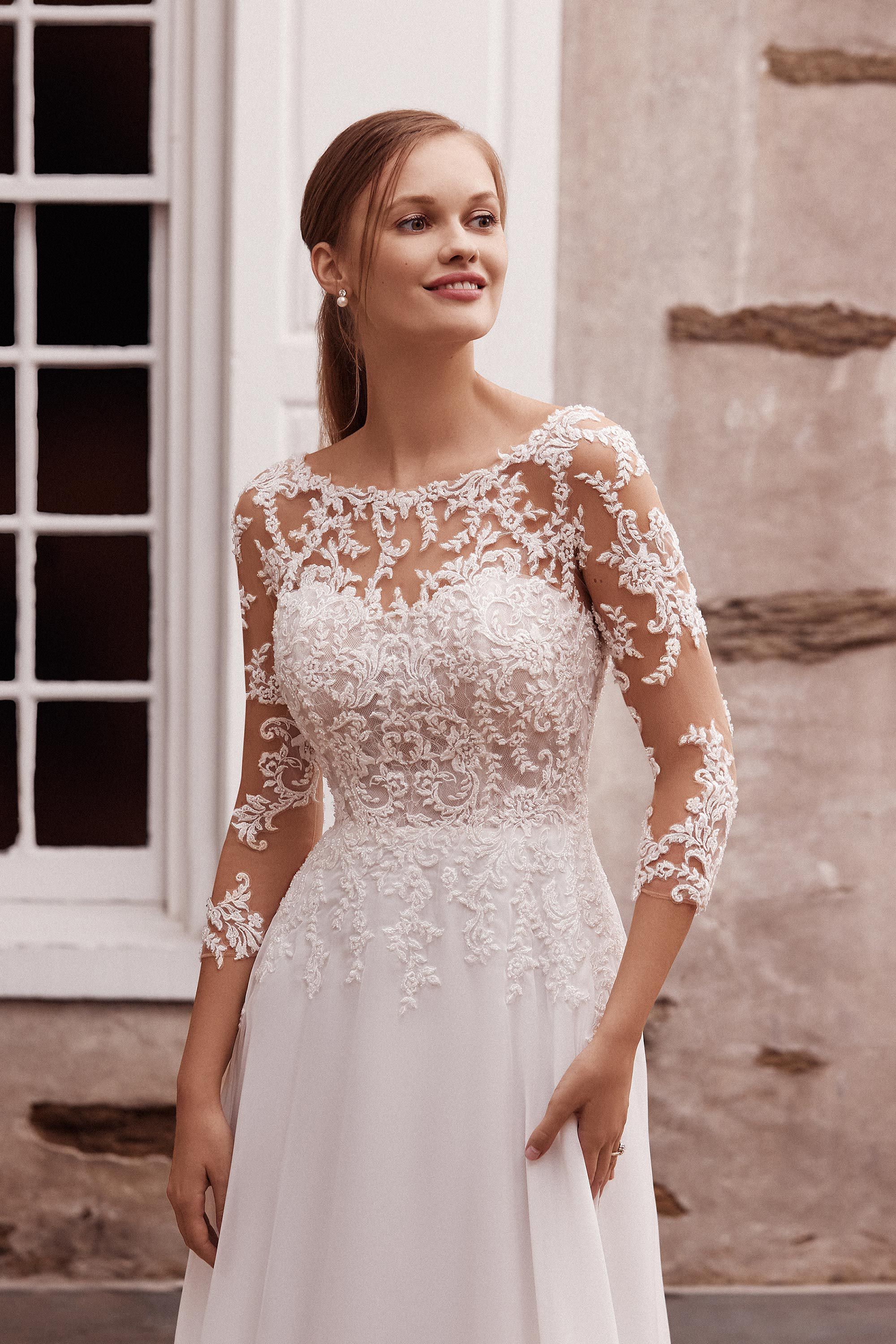 Style 44266: Sabrina Neckline Chiffon Gown with Three Quarter Length ...