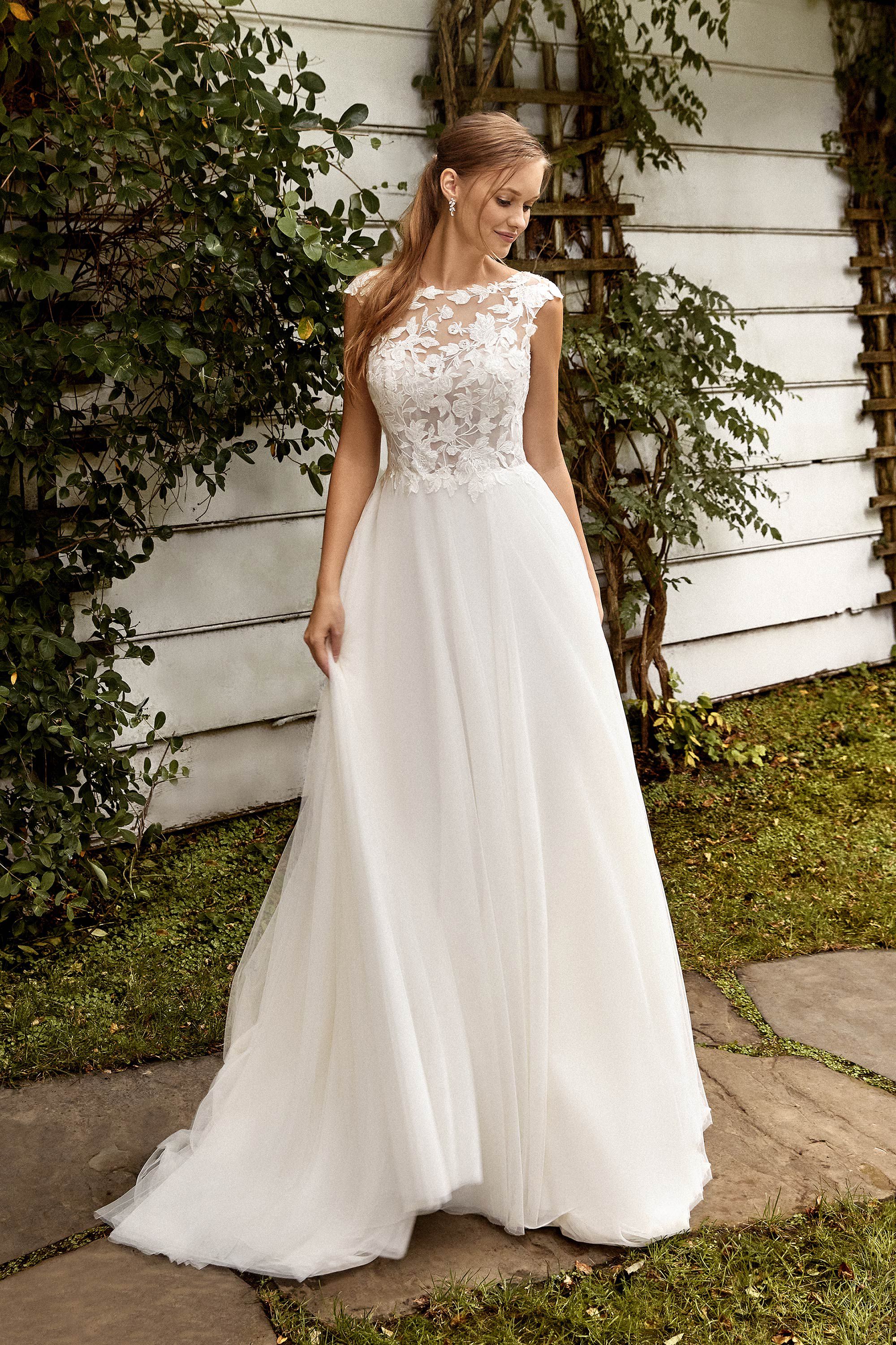 Style 44272: Sabrina Neckline A-Line Bridal Gown with Cap Sleeves and V ...