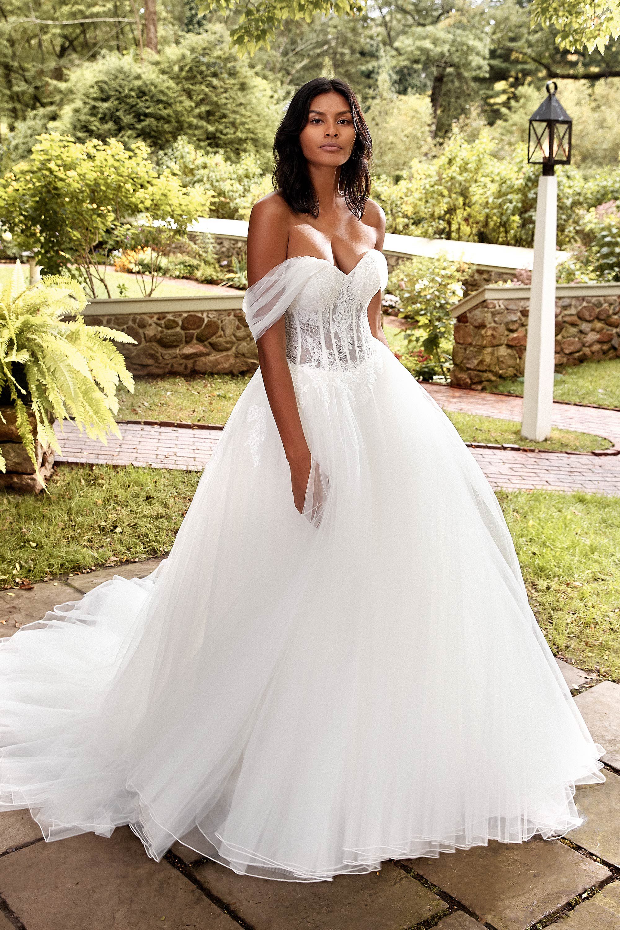 Style 44273: Strapless Basque Waist Tulle Ball Gown with Exposed Boning ...