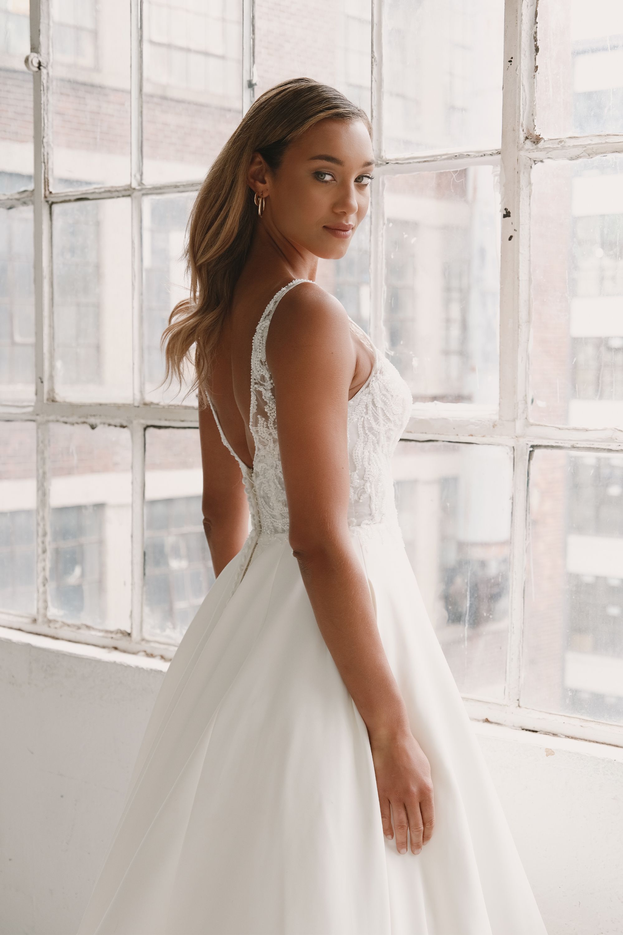 Style 44276: Plunging V-Neck Satin Ball Gown with Fully Beaded Bodice ...