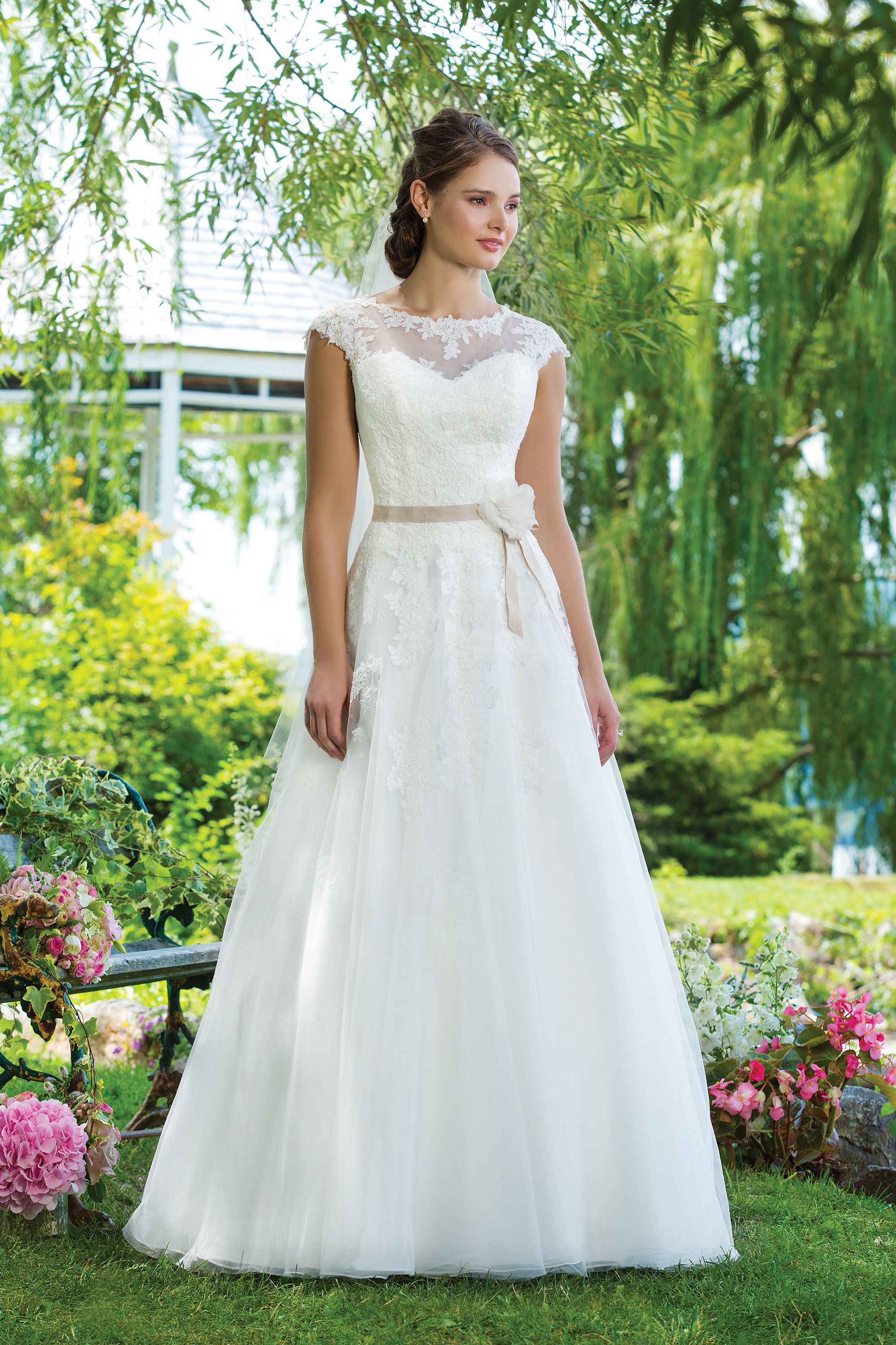 Style 6097: Alencon Lace and Tulle Ball Gown with Sabrina Neckline ...